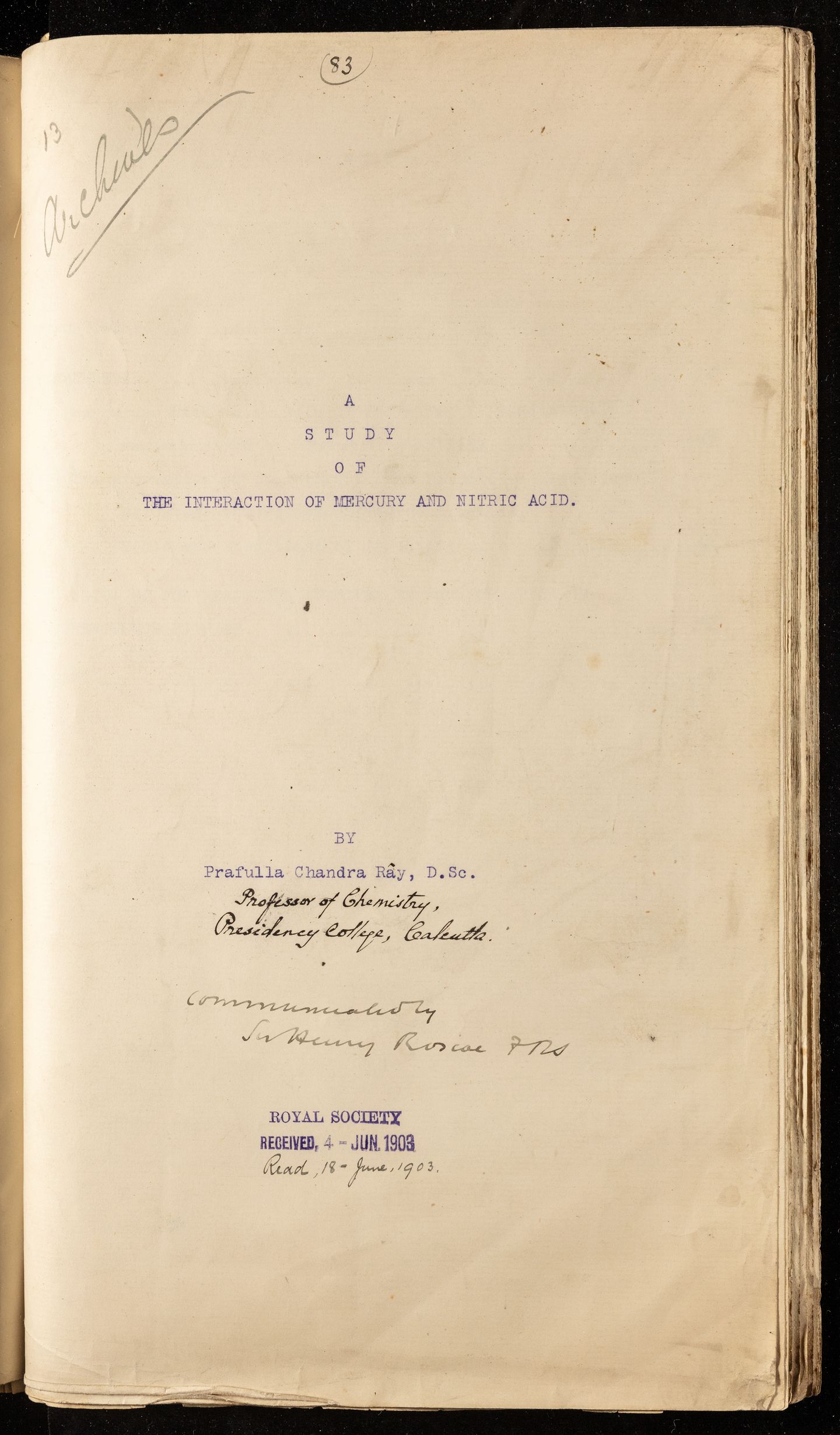 Unpublished paper, 'A study of the interaction of mercury and nitric ...