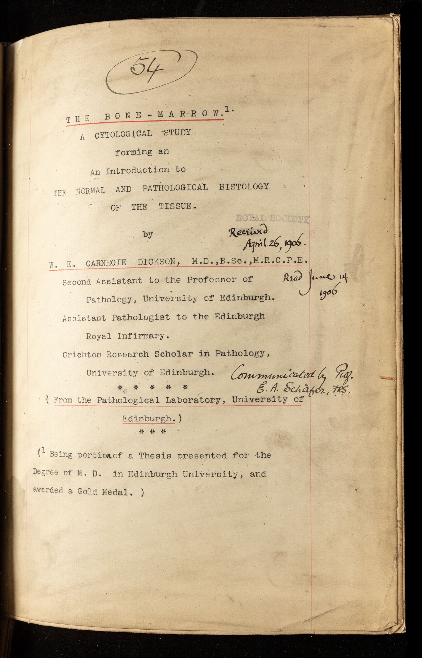 Unpublished paper, 'The bone-marrow. A cytological study forming an ...