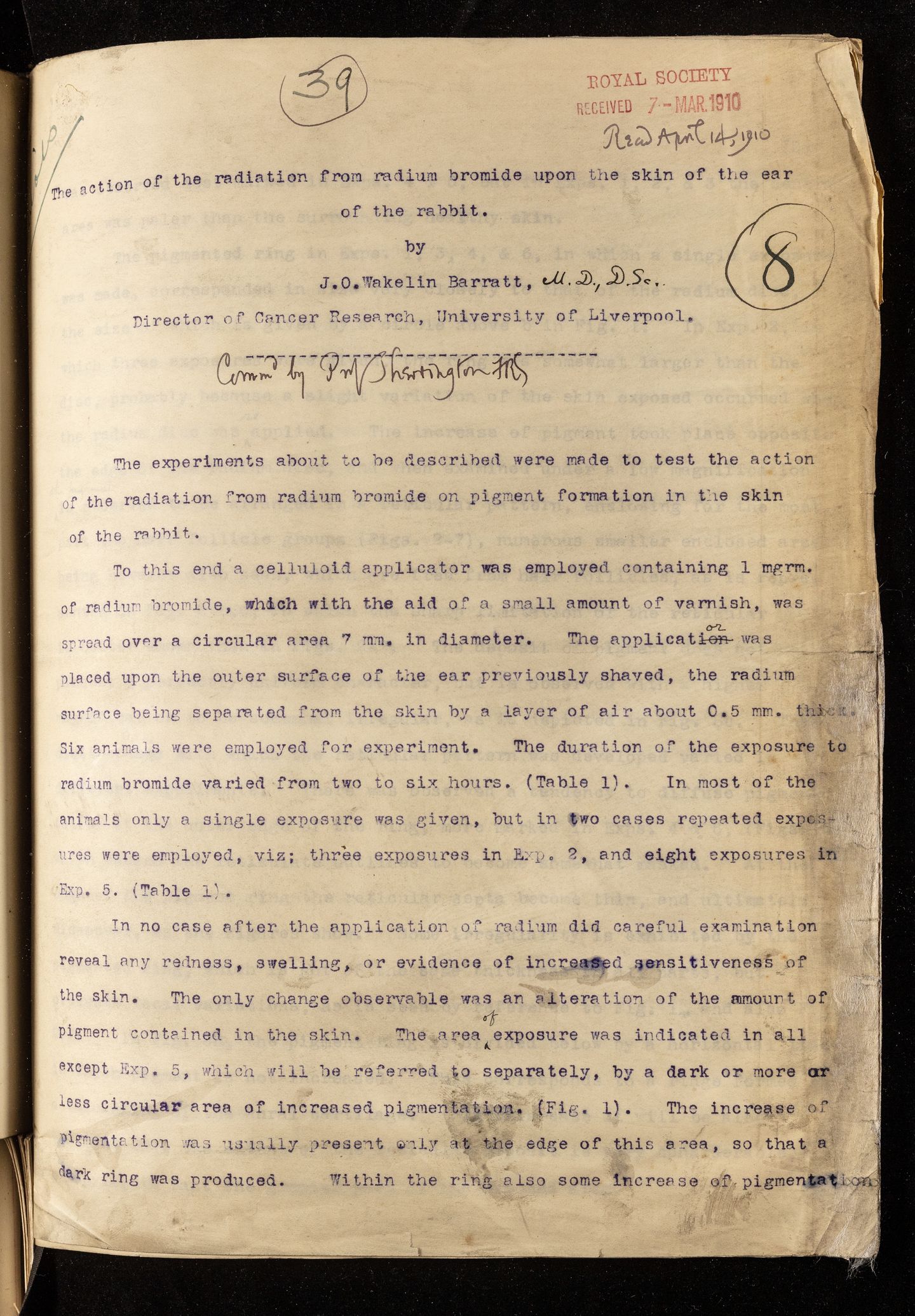 Unpublished paper, 'The action of radiation from radium bromide upon ...