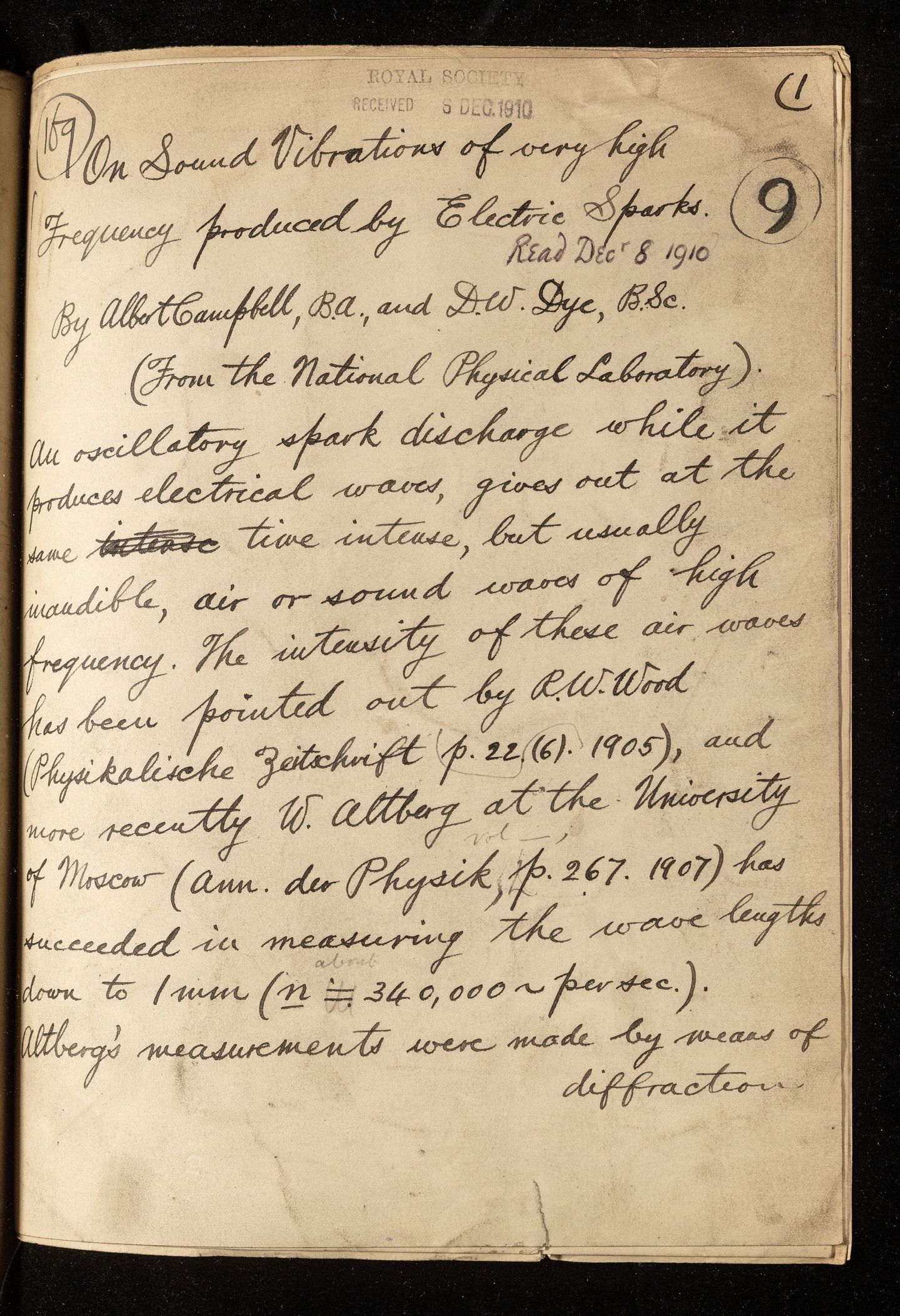 Unpublished paper, 'The sound vibrations of very high frequency ...