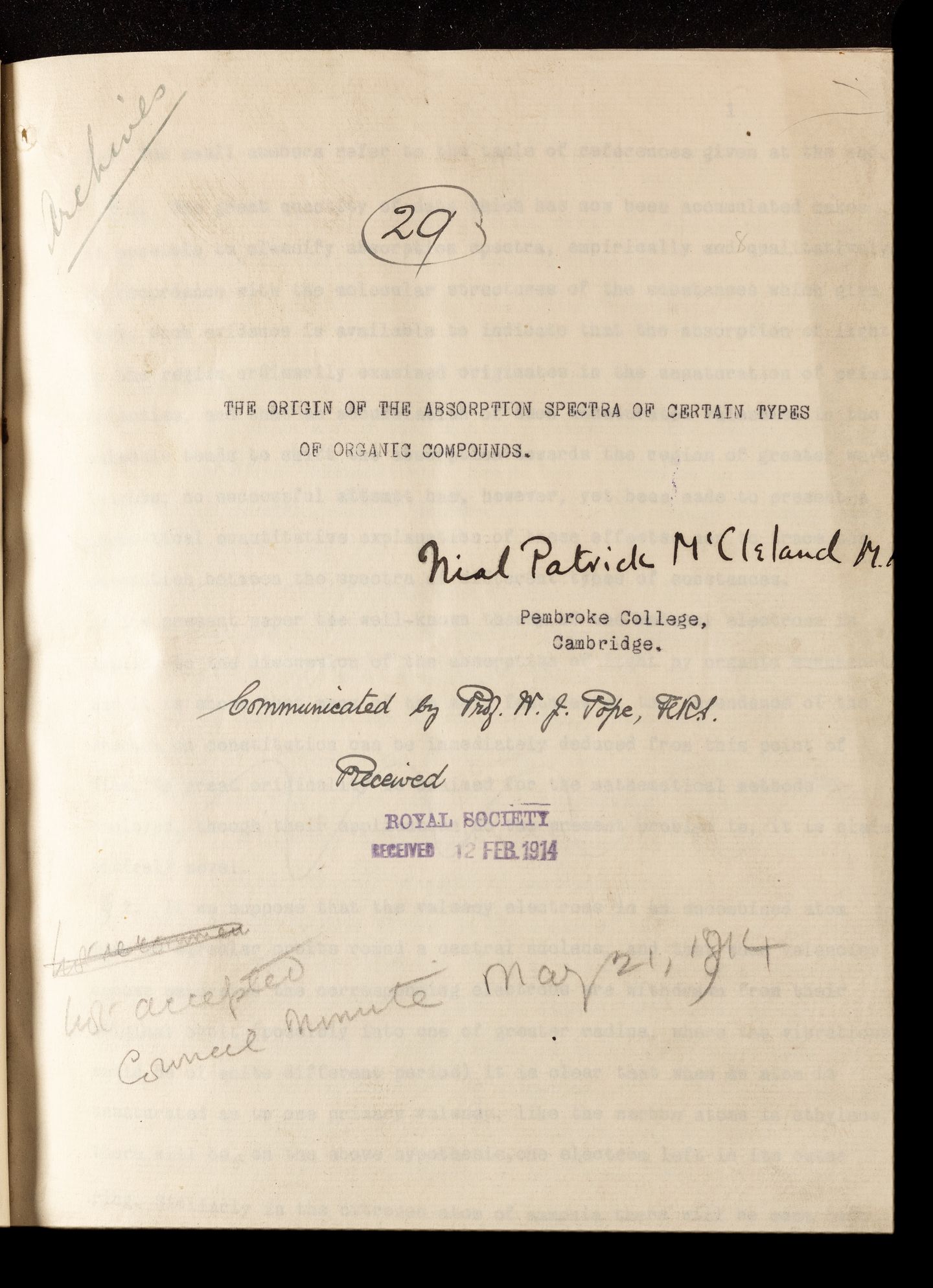 Unpublished paper, 'The origin of certain absorption spectra of certain ...