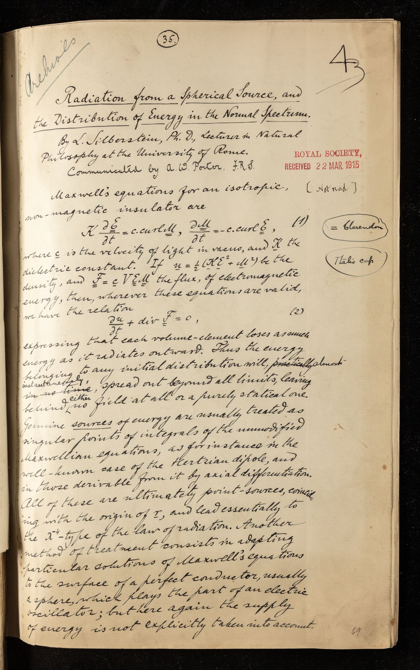 Unpublished paper, 'Radiation from a spherical source and the ...