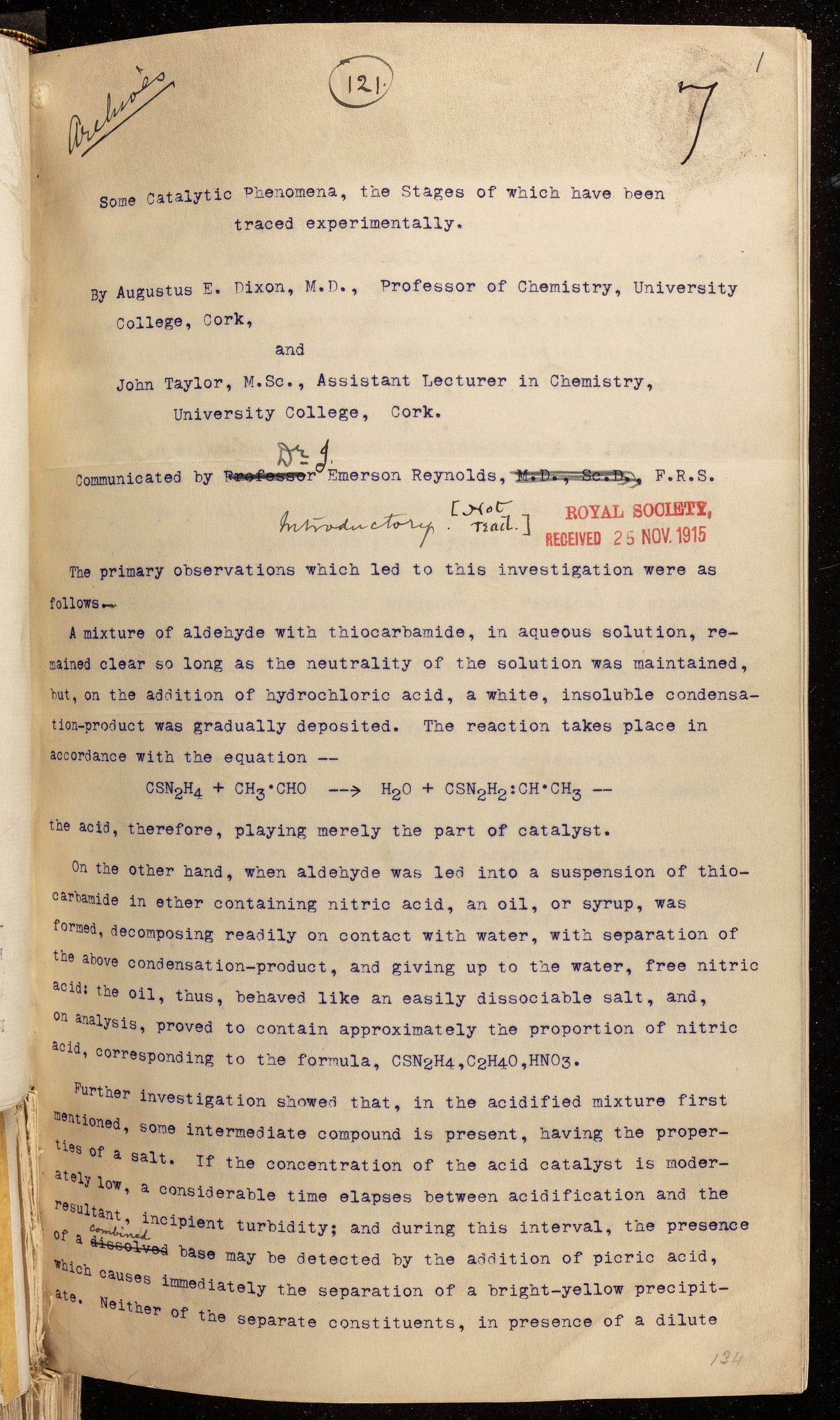 Unpublished paper, 'Some catalytic phenomena, the stages of which have ...