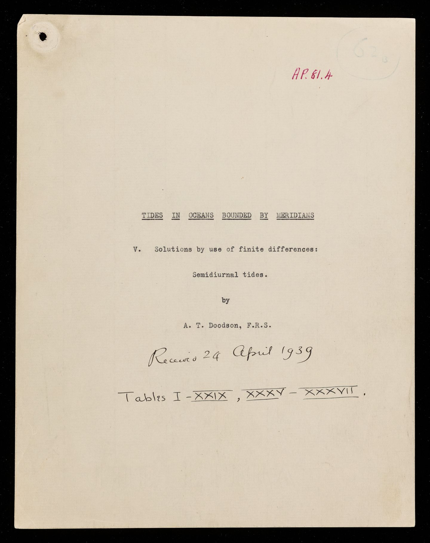 Unpublished paper, 'Tides in oceans bounded by meridians' by A T ...