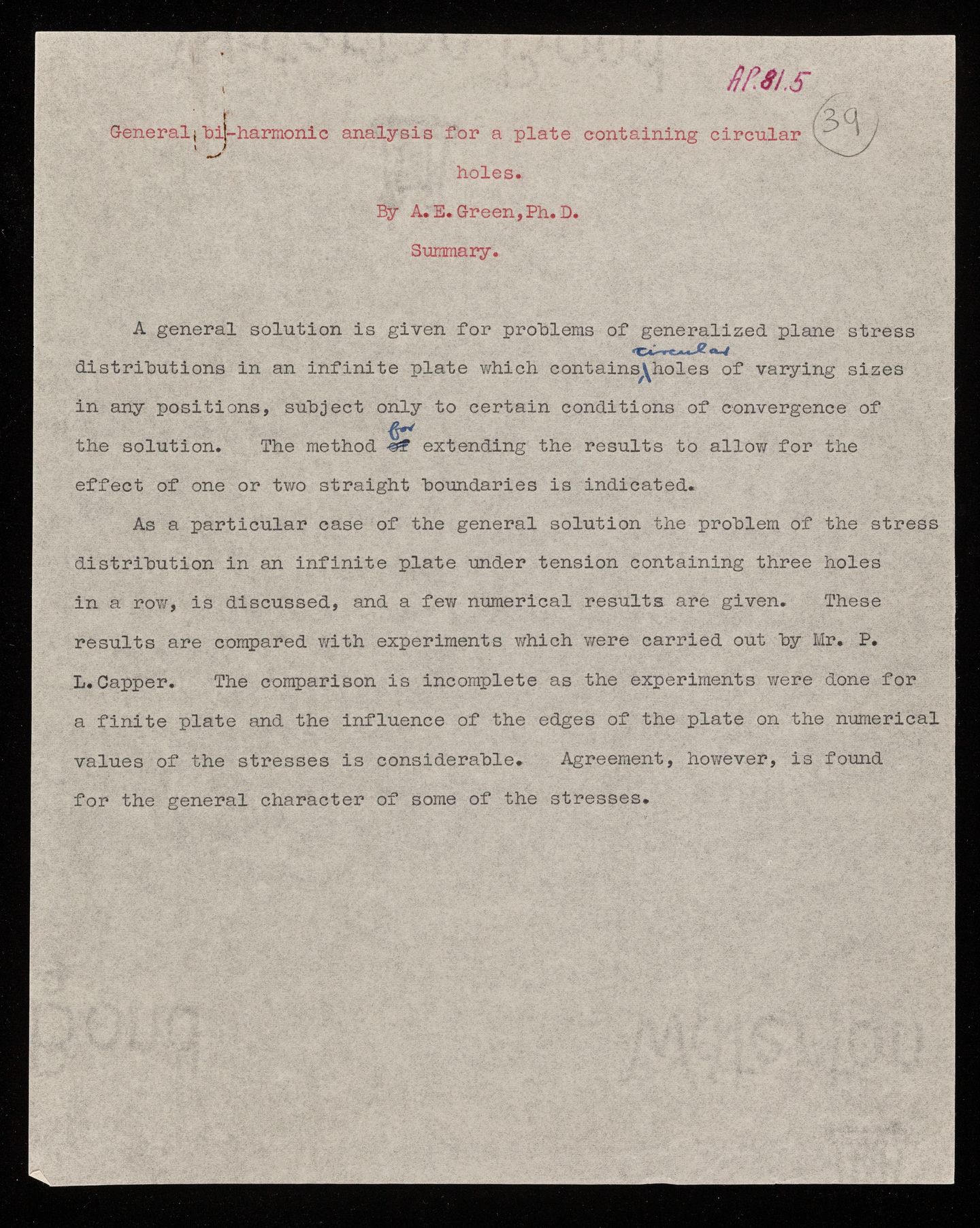 Paper, 'General bi-harmonic analysis for a plate containing circular ...