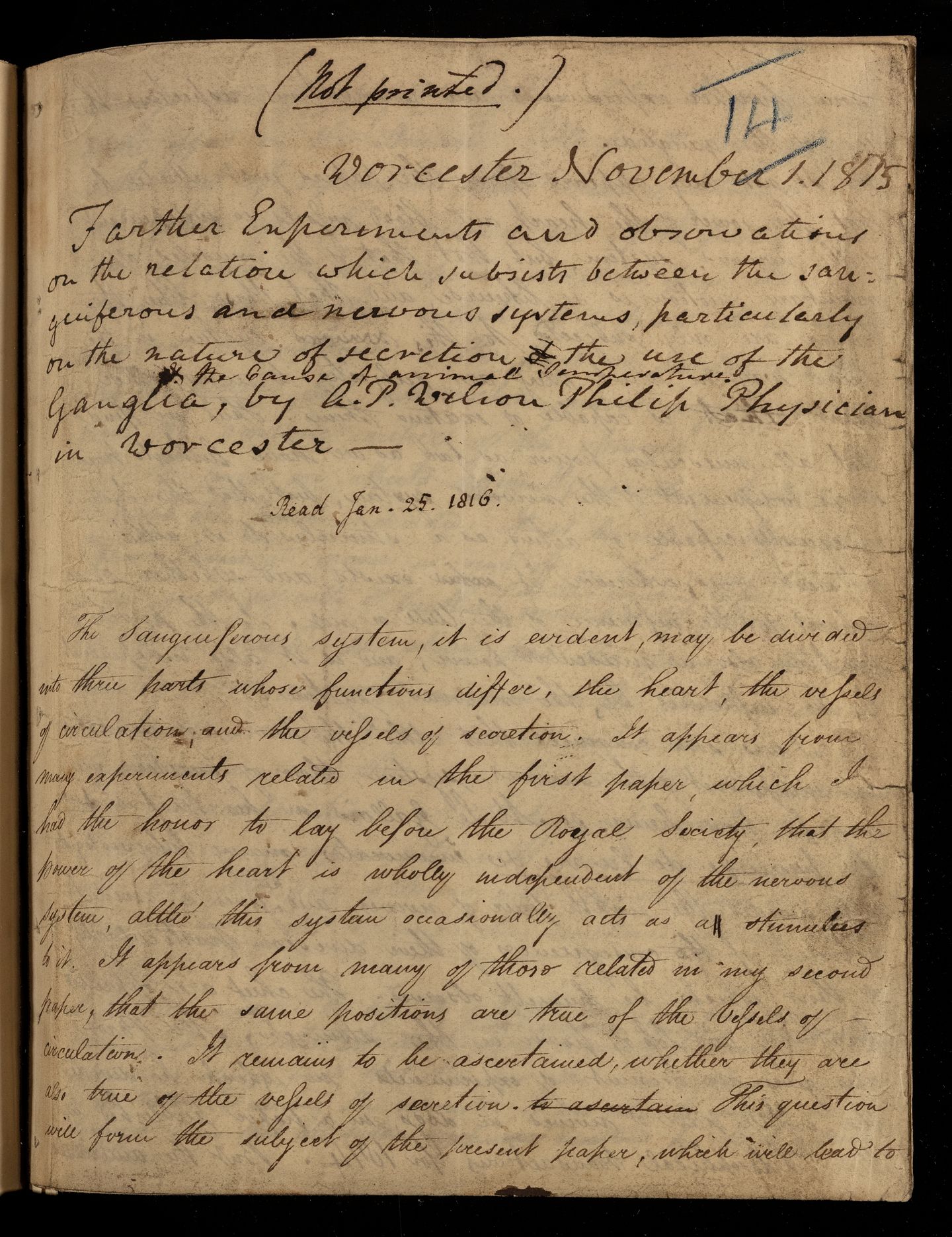 Unpublished paper, 'Farther experiments and observations on the ...