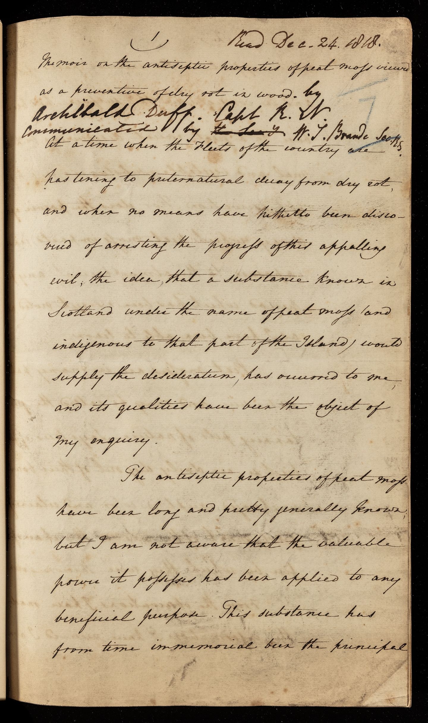 Unpublished paper, 'Memoir on the antiseptic qualities of peat moss ...