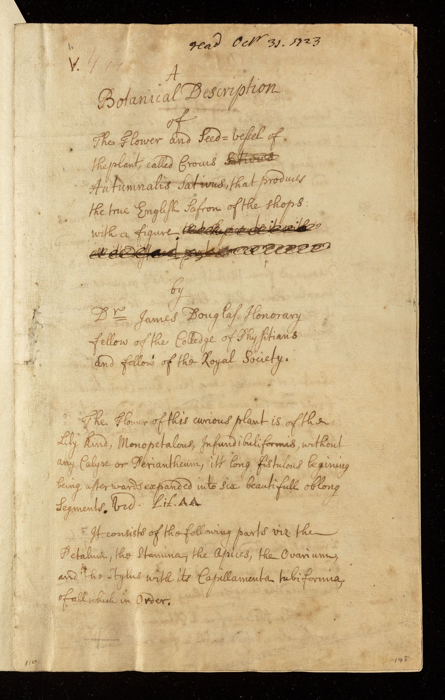 Paper, 'A botanical description of the flower and seed-vessel of the ...