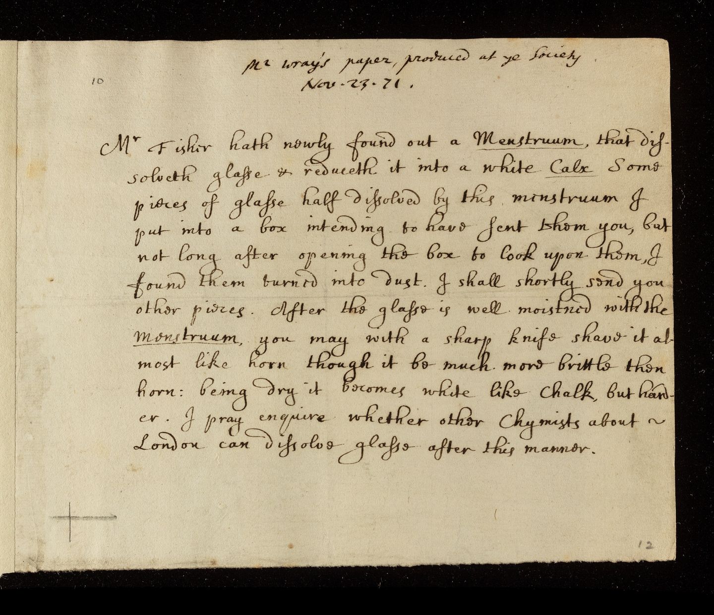 Paper, 'Menstruum to dissolve glass' by Mr Wray [John Ray] | The Royal ...