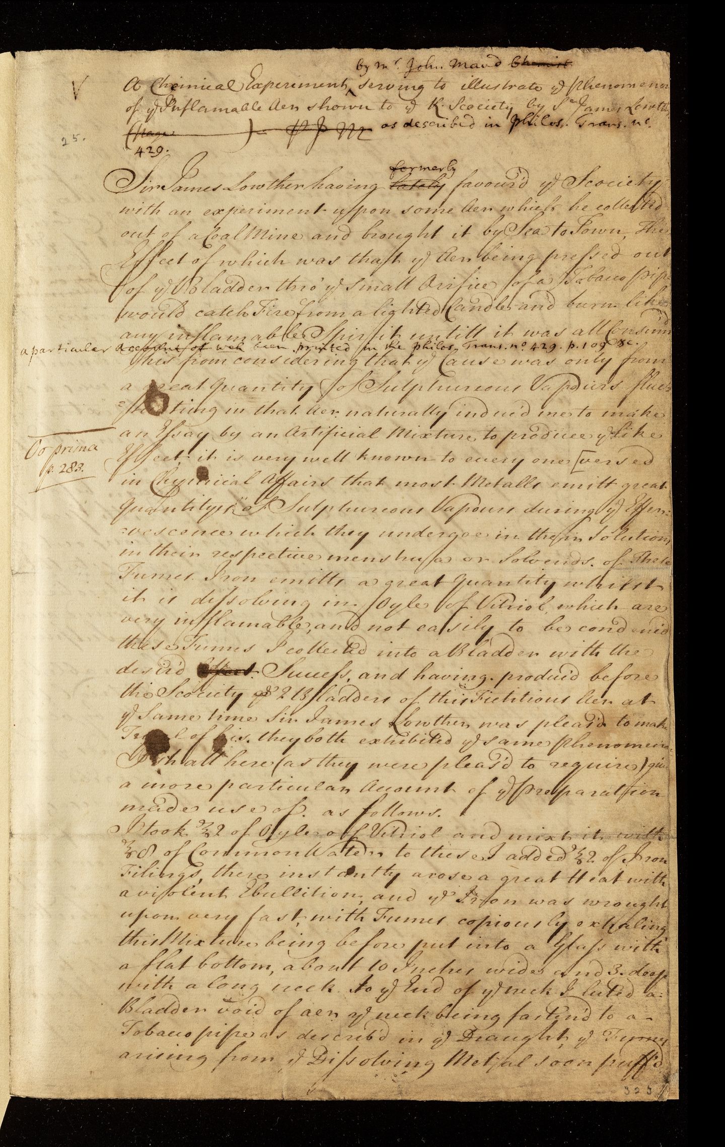 Paper, 'A chemical experiment by Mr John Maud serving to illustrate the ...