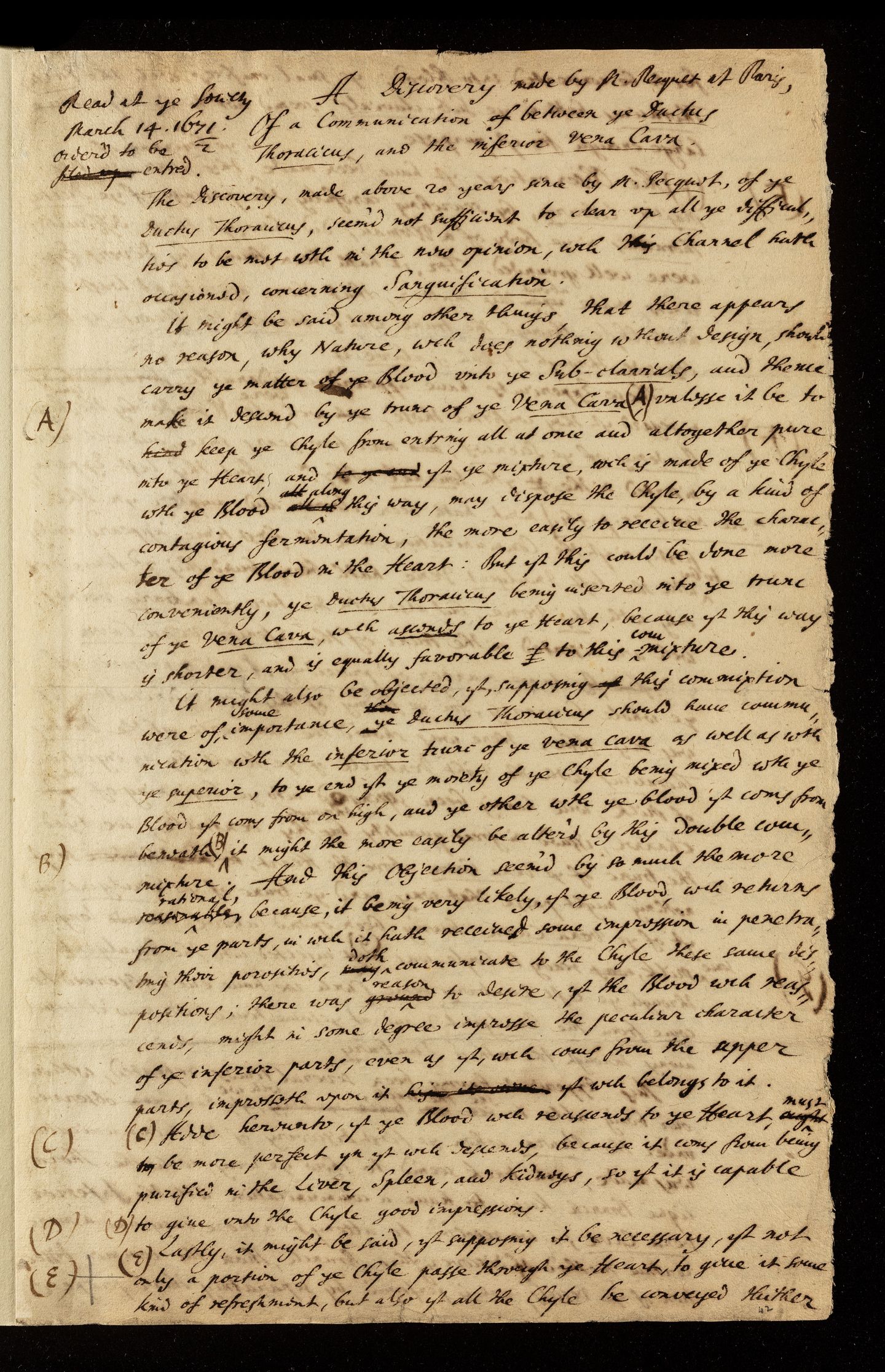 Paper, 'A discovery made by M Pecquet at Paris, of a communication ...