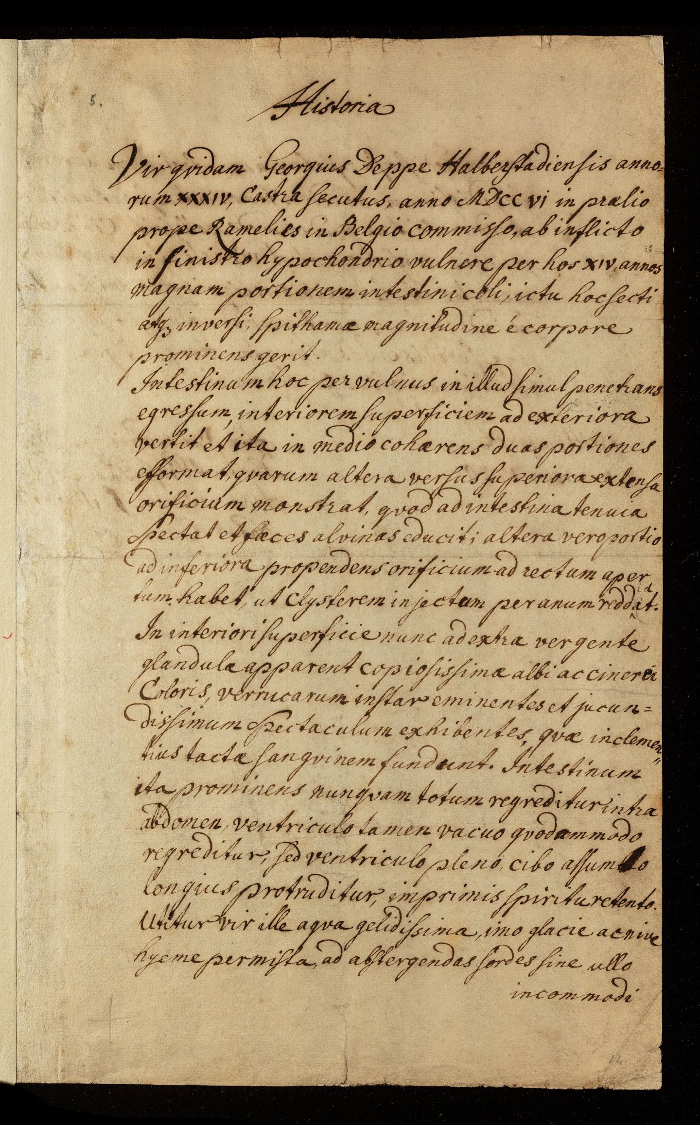 Letter, 'Historia portionis intestini coli propendentis exvulnere per ...