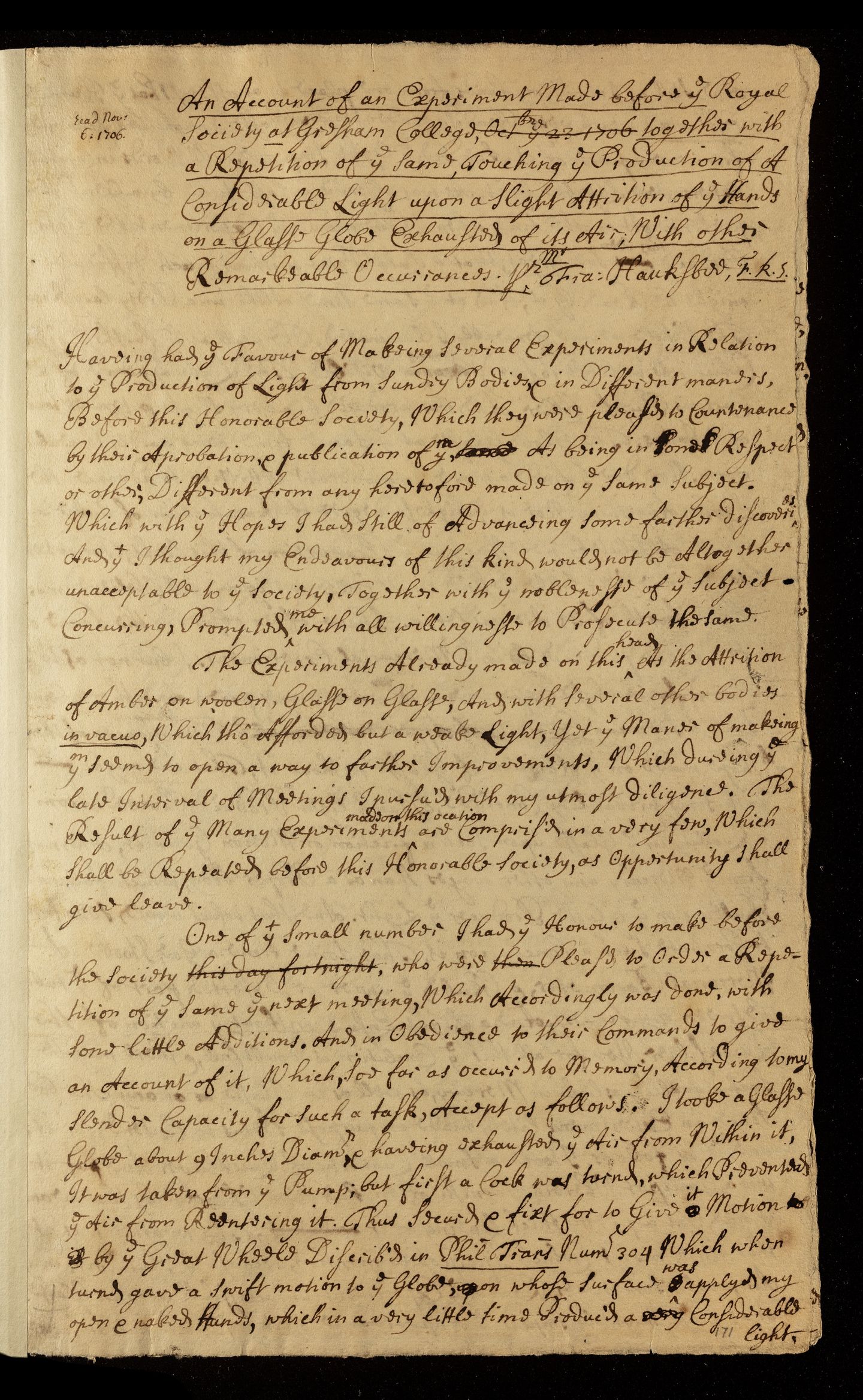 Paper, 'An account of an experiment made before the Royal Society at ...