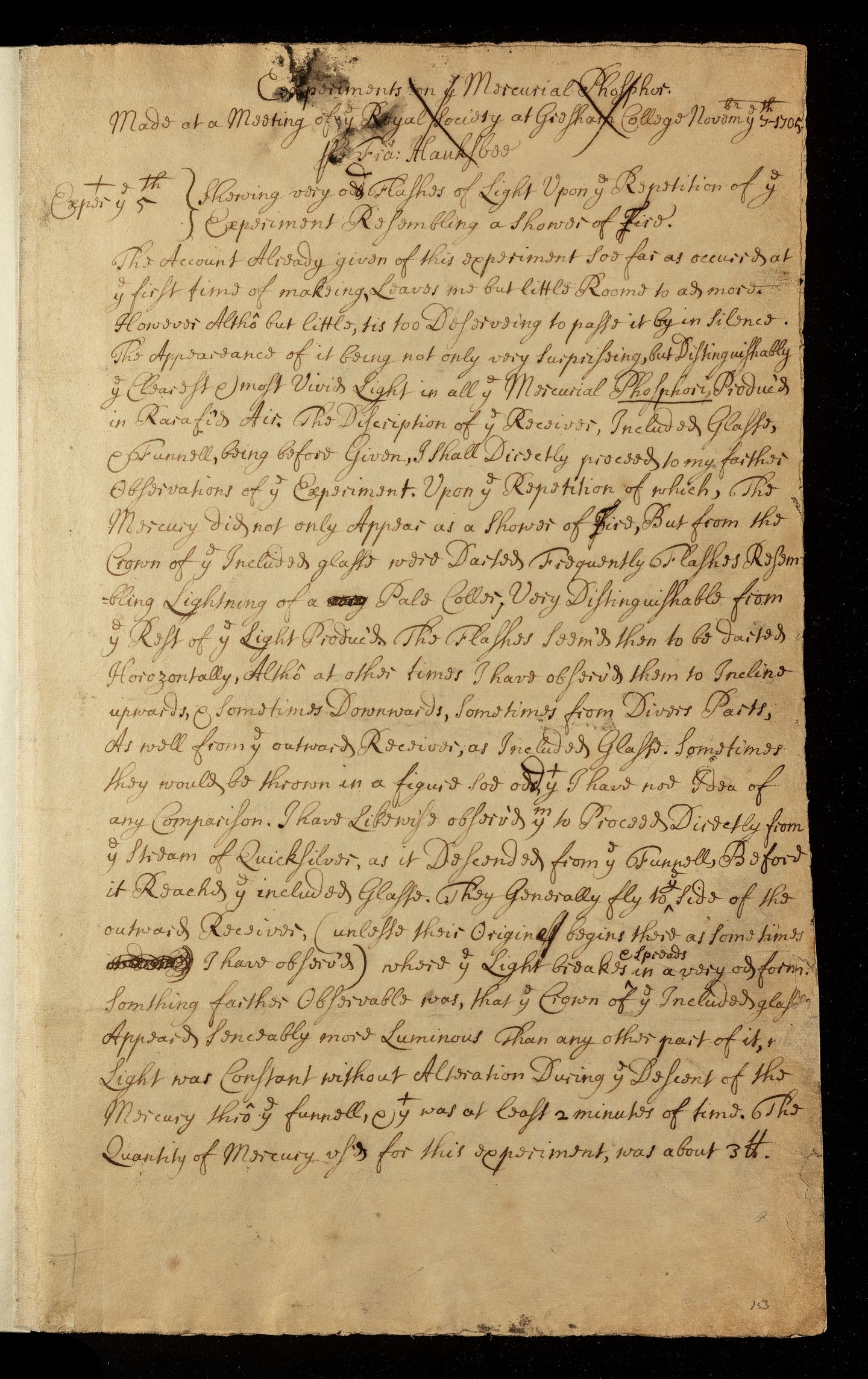 Paper, 'Experiments on the mercurial phosphor [phosphorus] made at a ...