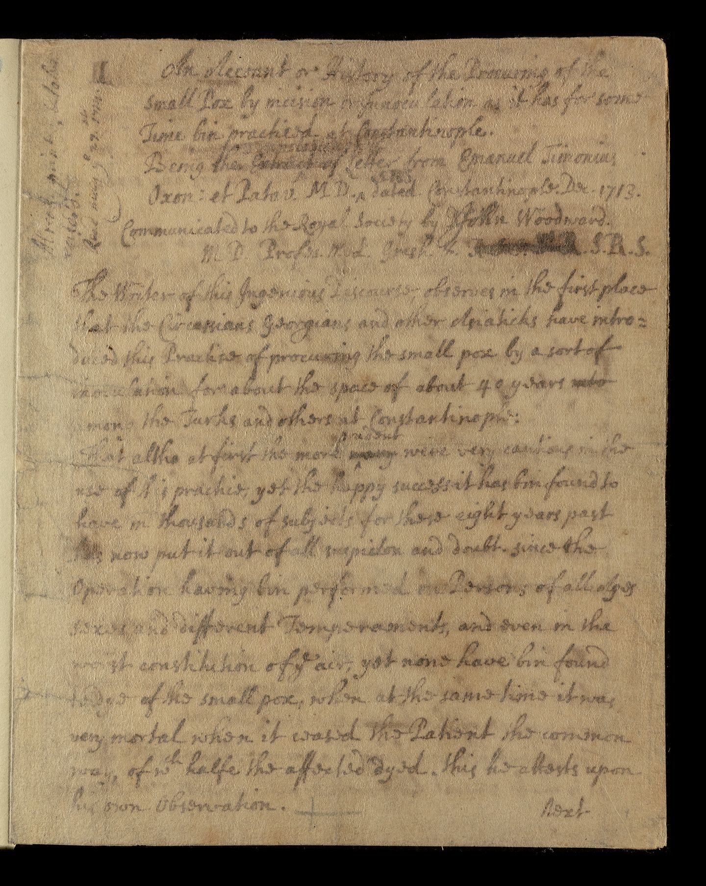 Paper, 'History of the procuring of the small pox by incision of ...