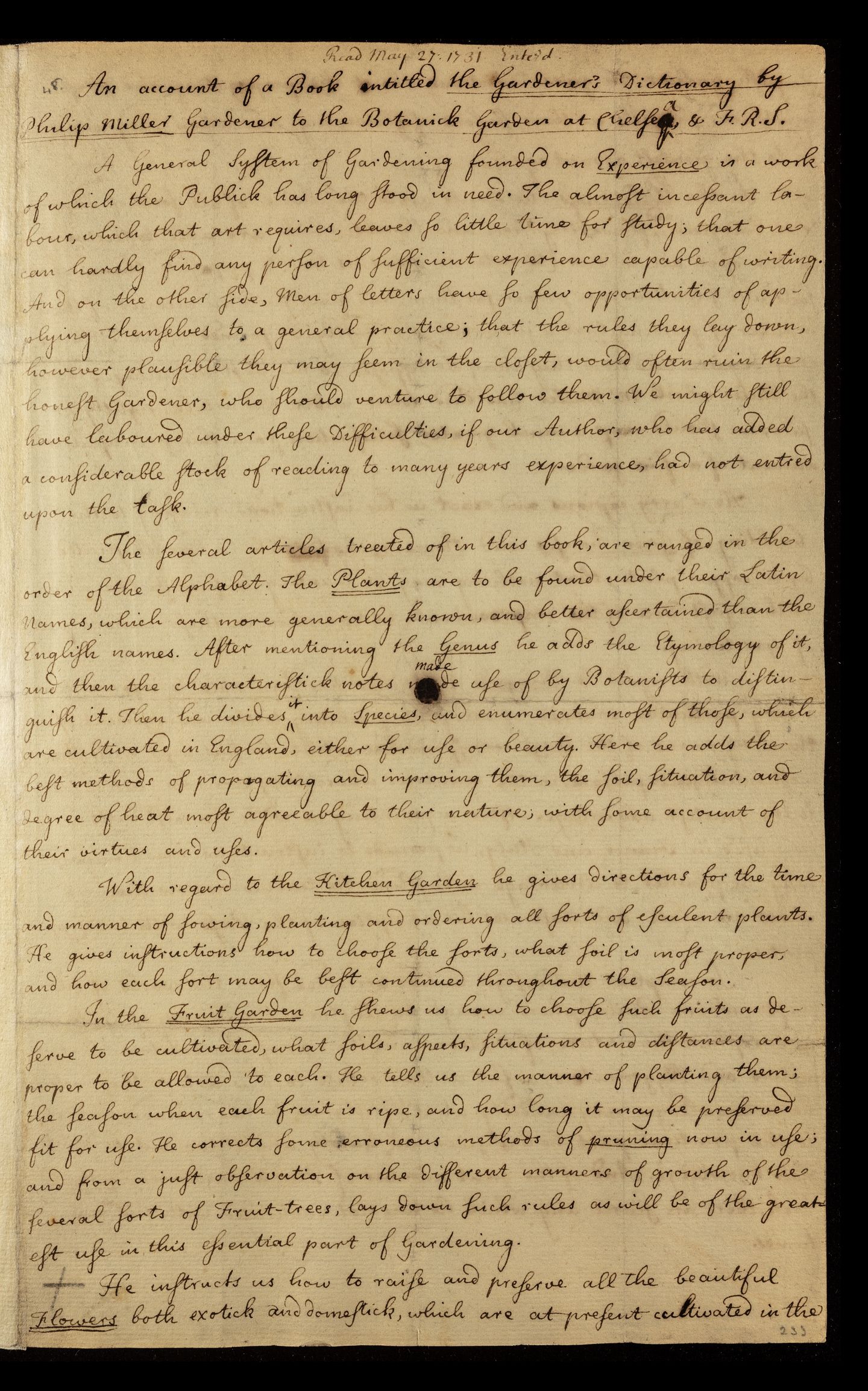 Paper, Account of a book entitled 'The Gardener's Dictionary' by Philip ...