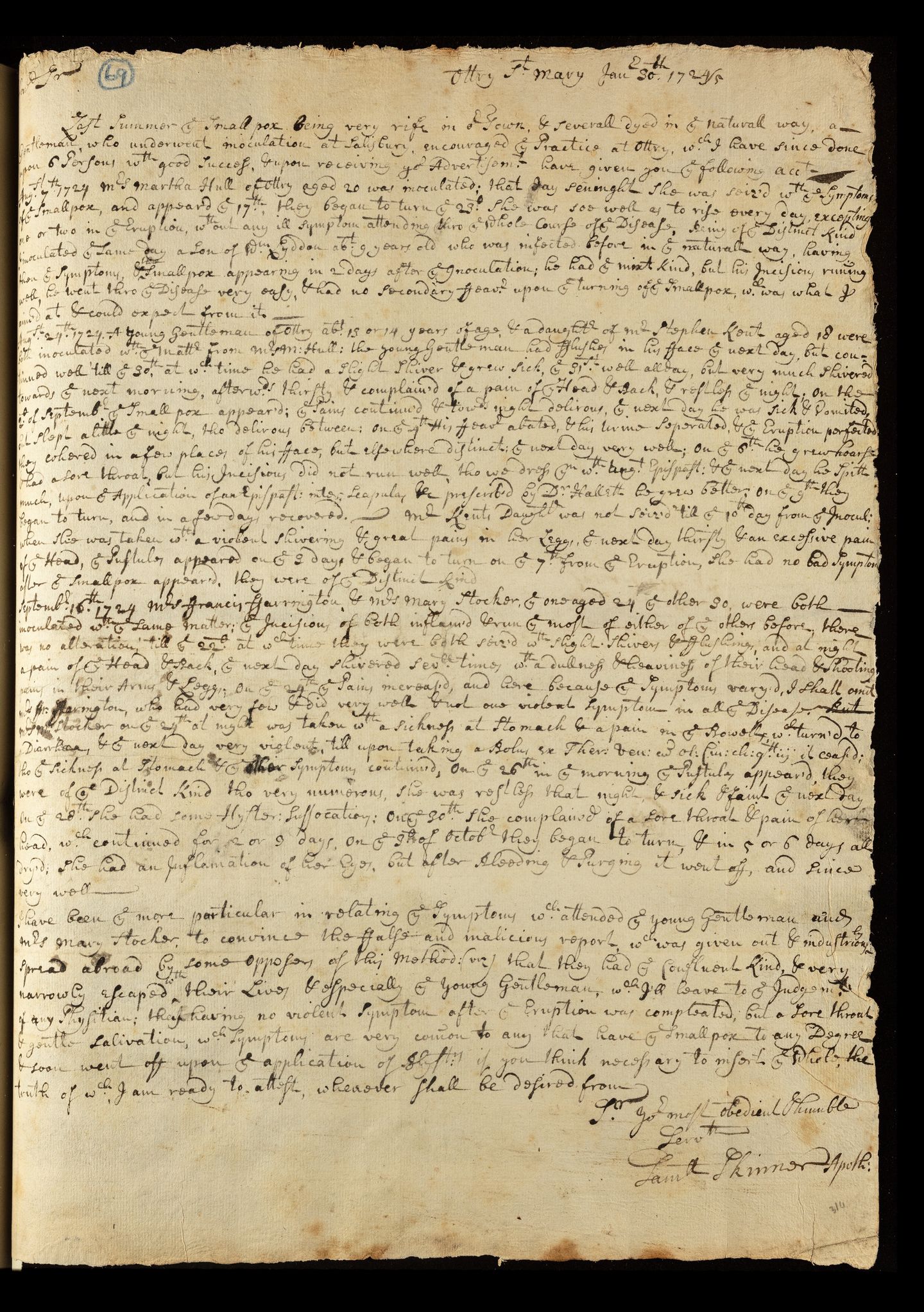 Letter, from S Skinner to James Jurin | The Royal Society: Science in ...