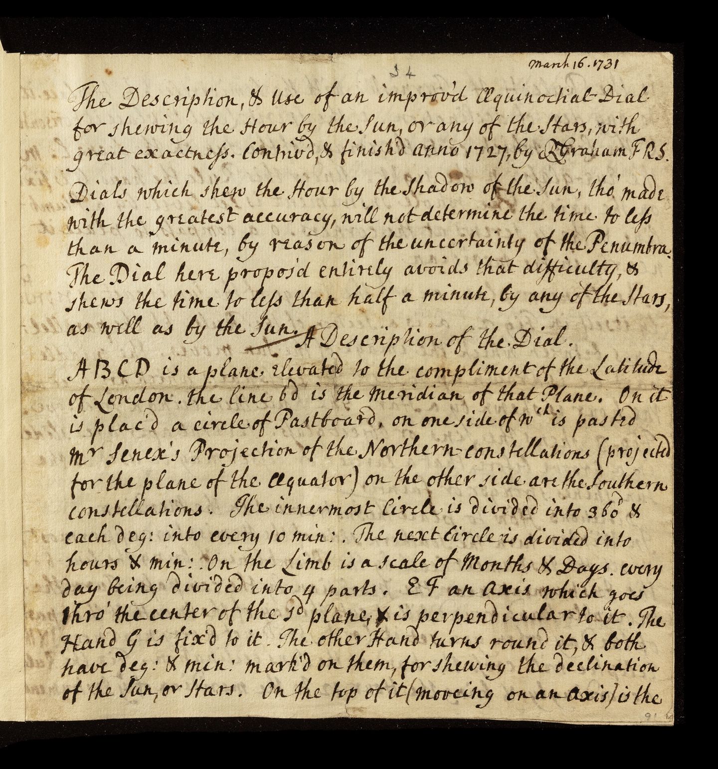 Paper, 'Description and use of an improv'd aequinochial dial' by ...