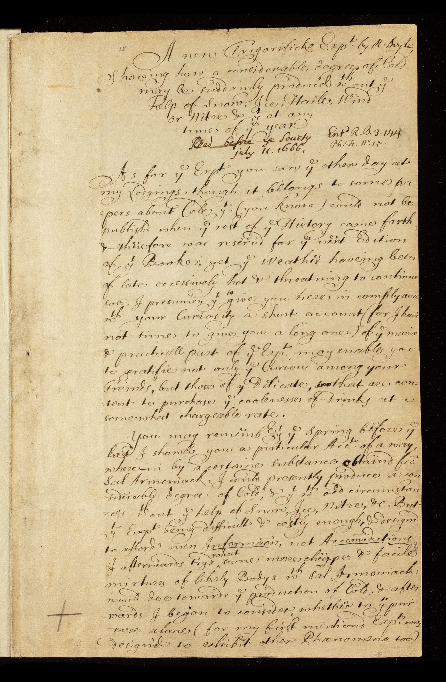 Paper, 'A new frigorificke experiment by Robert Boyle showing how a ...