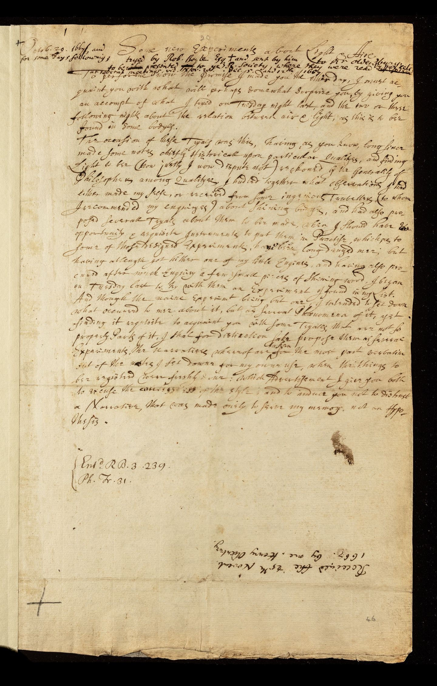 Paper, 'Some new experiments about light and aire' by Robert Boyle ...