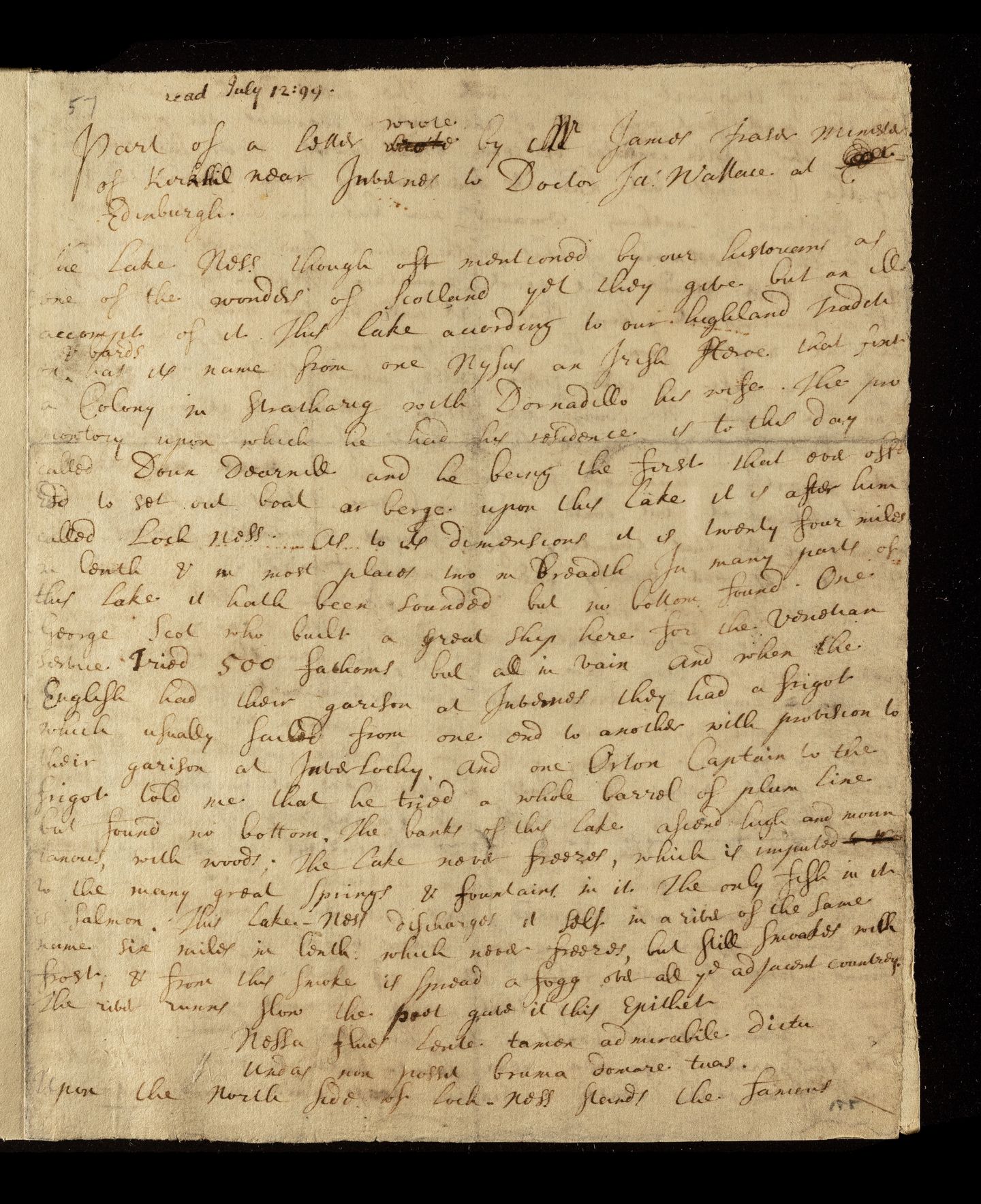 Letter extract, regarding Loch Ness [Scotland] from James Fraser to ...