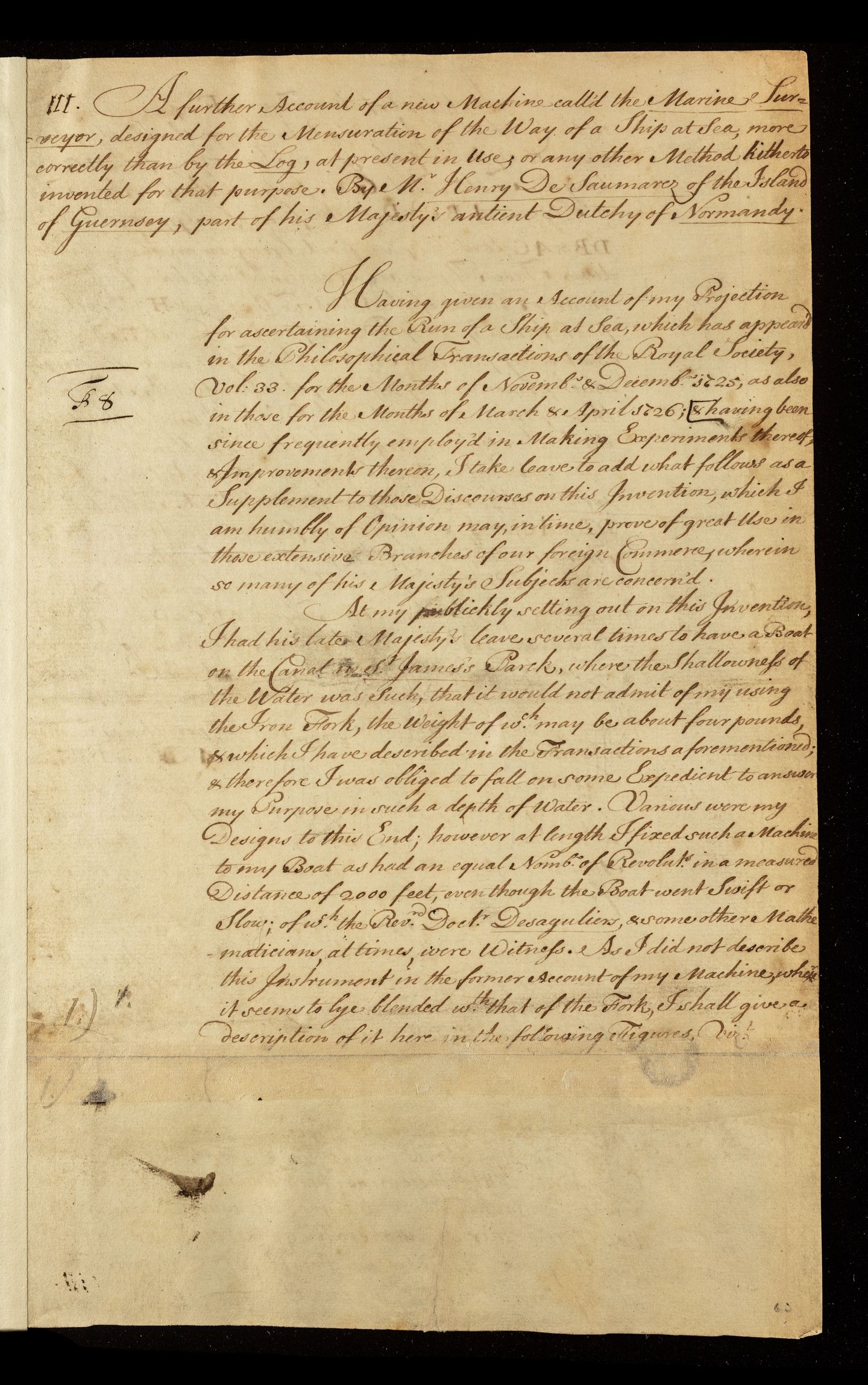 Paper, 'A further account of a new machine called the marine surveyor ...