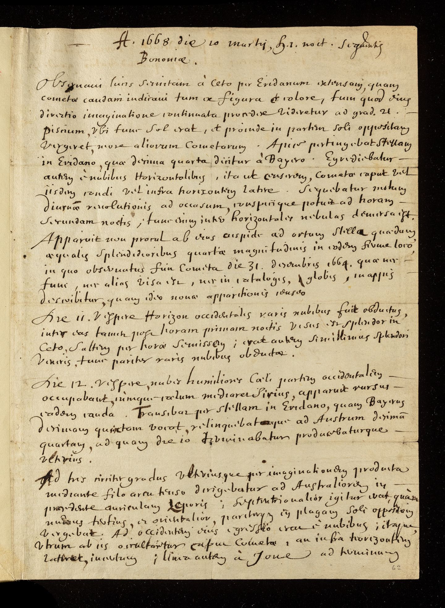 Copy paper, observations of the comet in 1668 seen at Bologna by ...