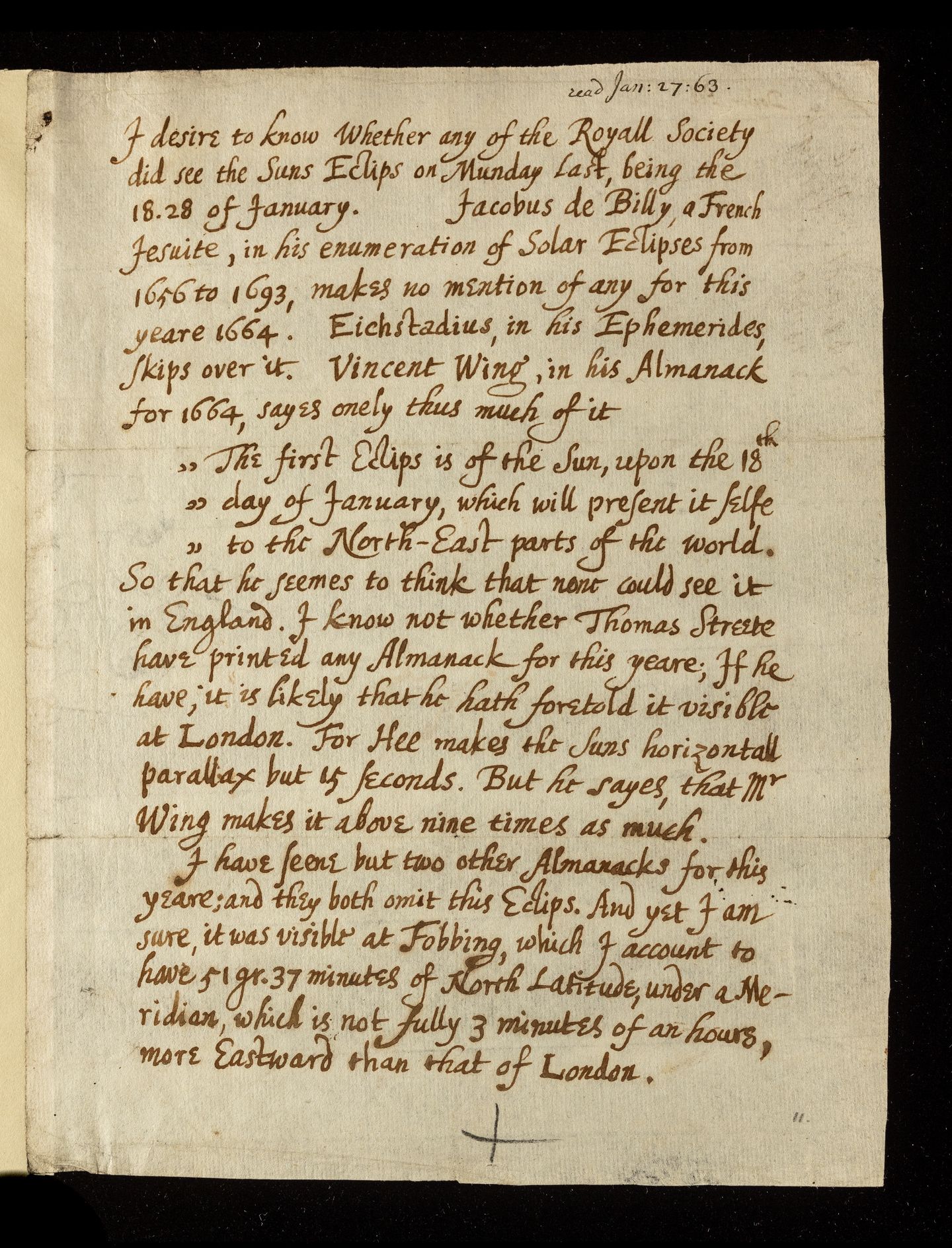 Paper, regarding the solar eclipse on 28 January 1663 by [John] Pell ...
