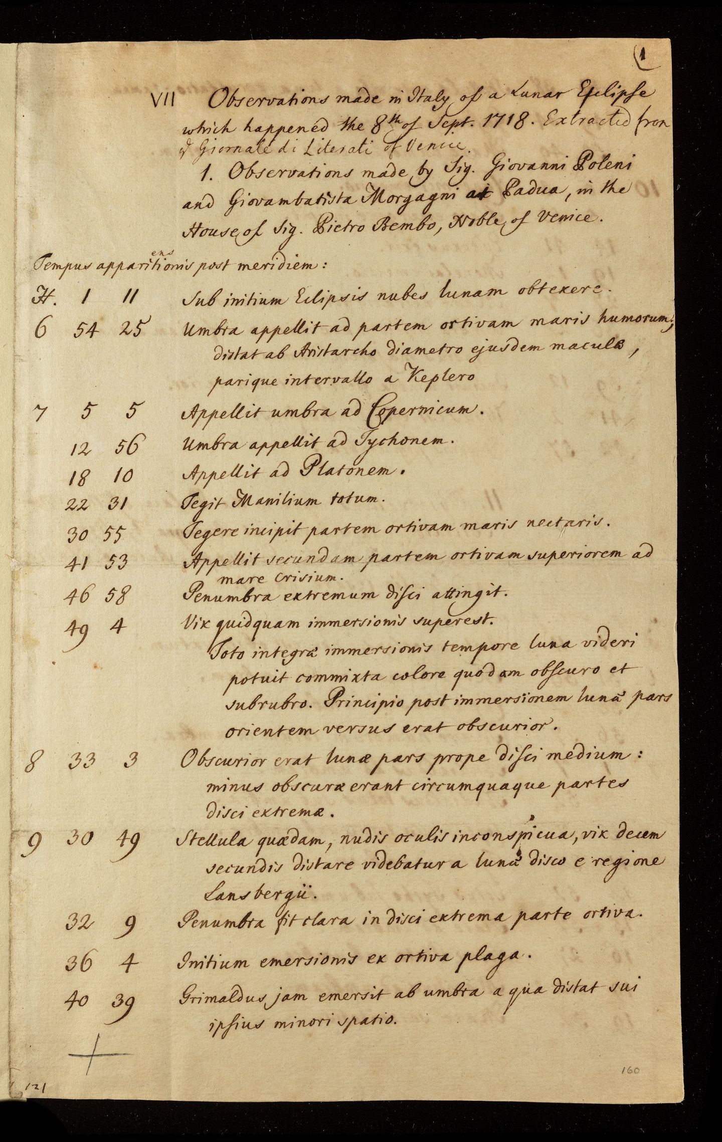 Paper, 'Observations made in Italy of a lunar eclipse which happened on ...