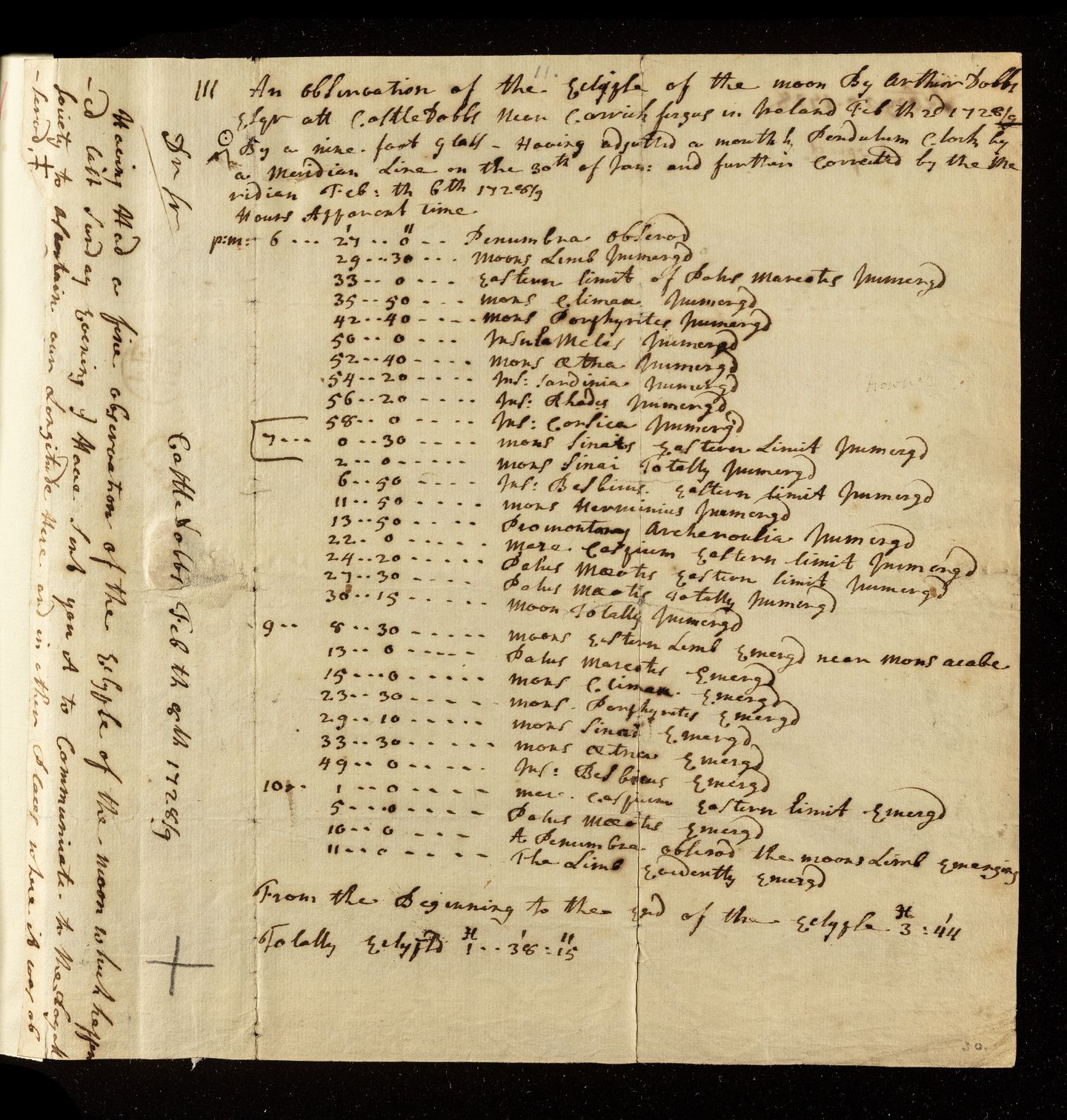 Paper, 'An observation of the eclipse of the Moon observed at Castle ...