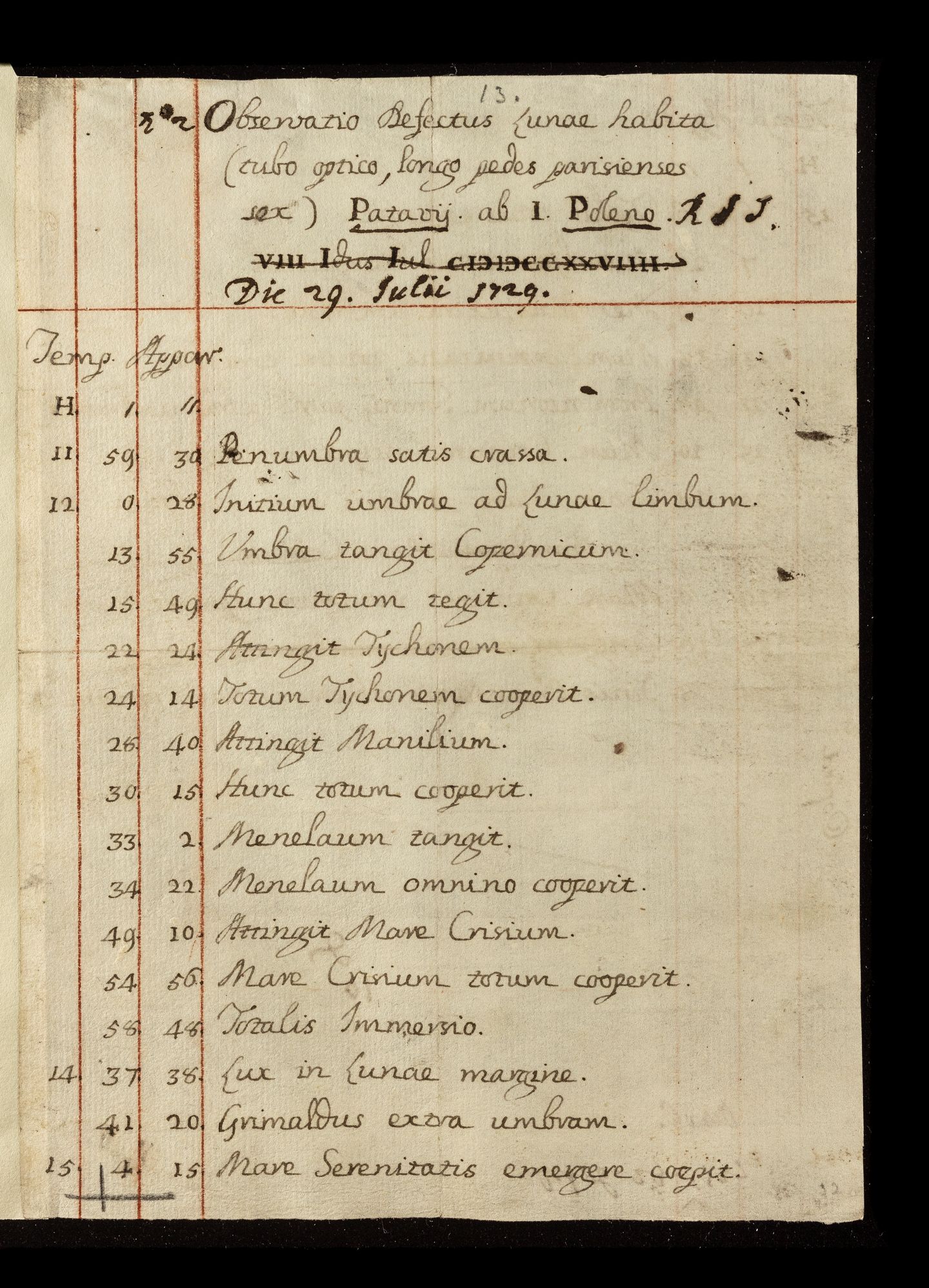 Letter, 'Observatio defectus lunae' [Observations of the Moon] by ...