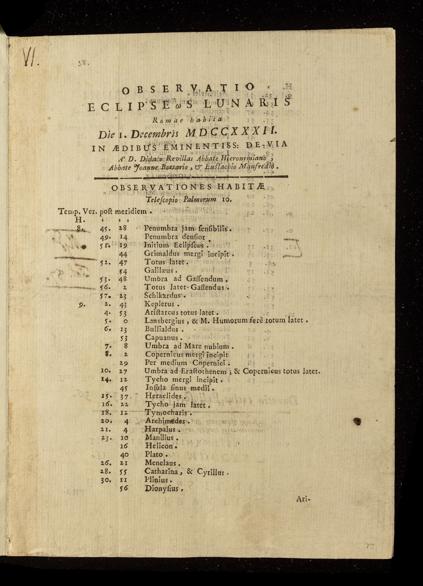Paper, 'Observatio eclipse lunaris Romae habita die 1 Decembris 1732 ...