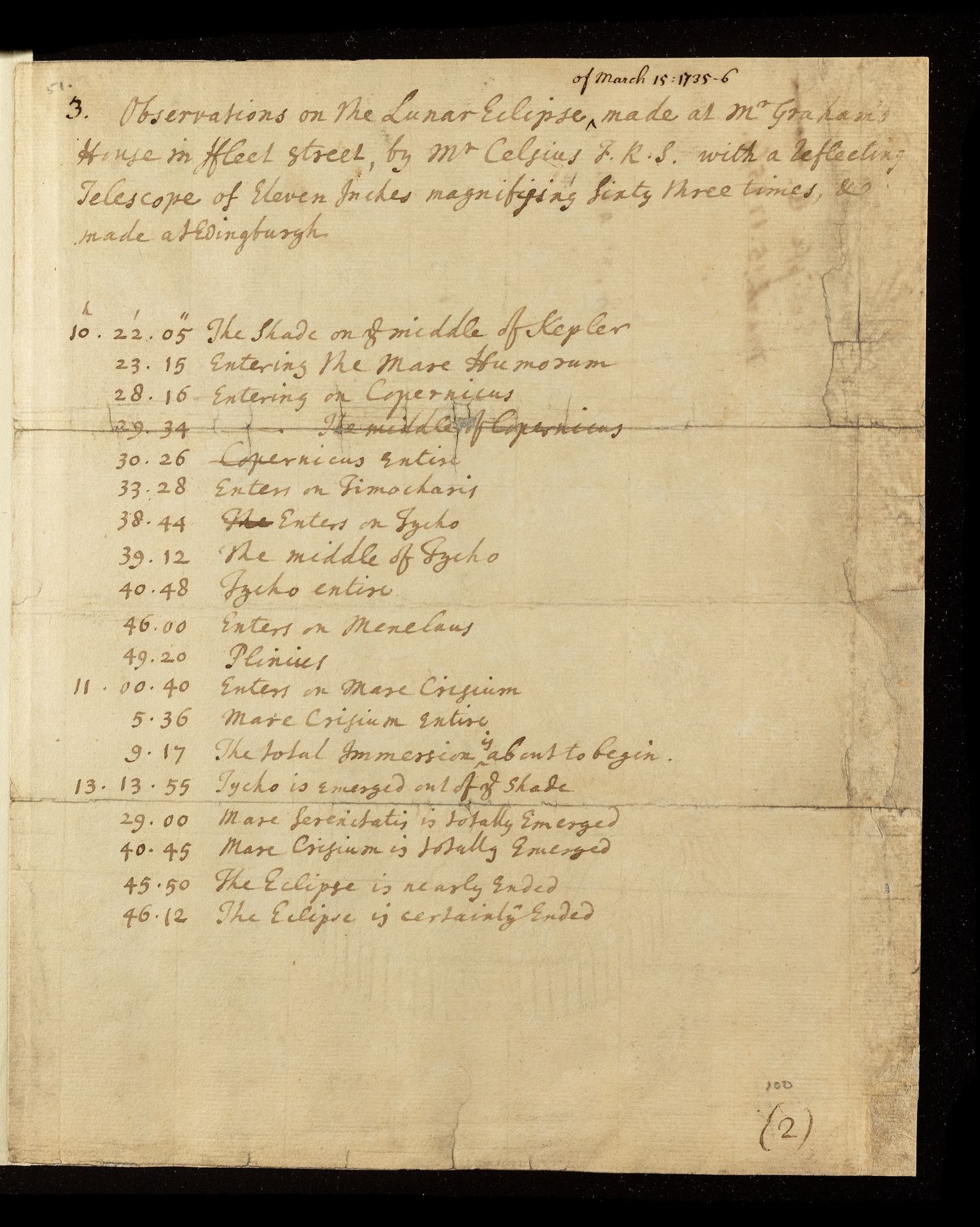 Paper, 'Observations of the lunar eclipse of 15 March 1736 made at Mr ...