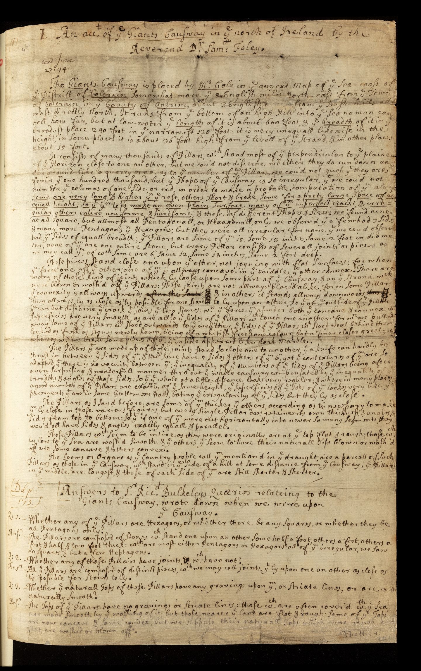 Paper, 'An account of the Giant's Causeway in the north of Ireland' by ...