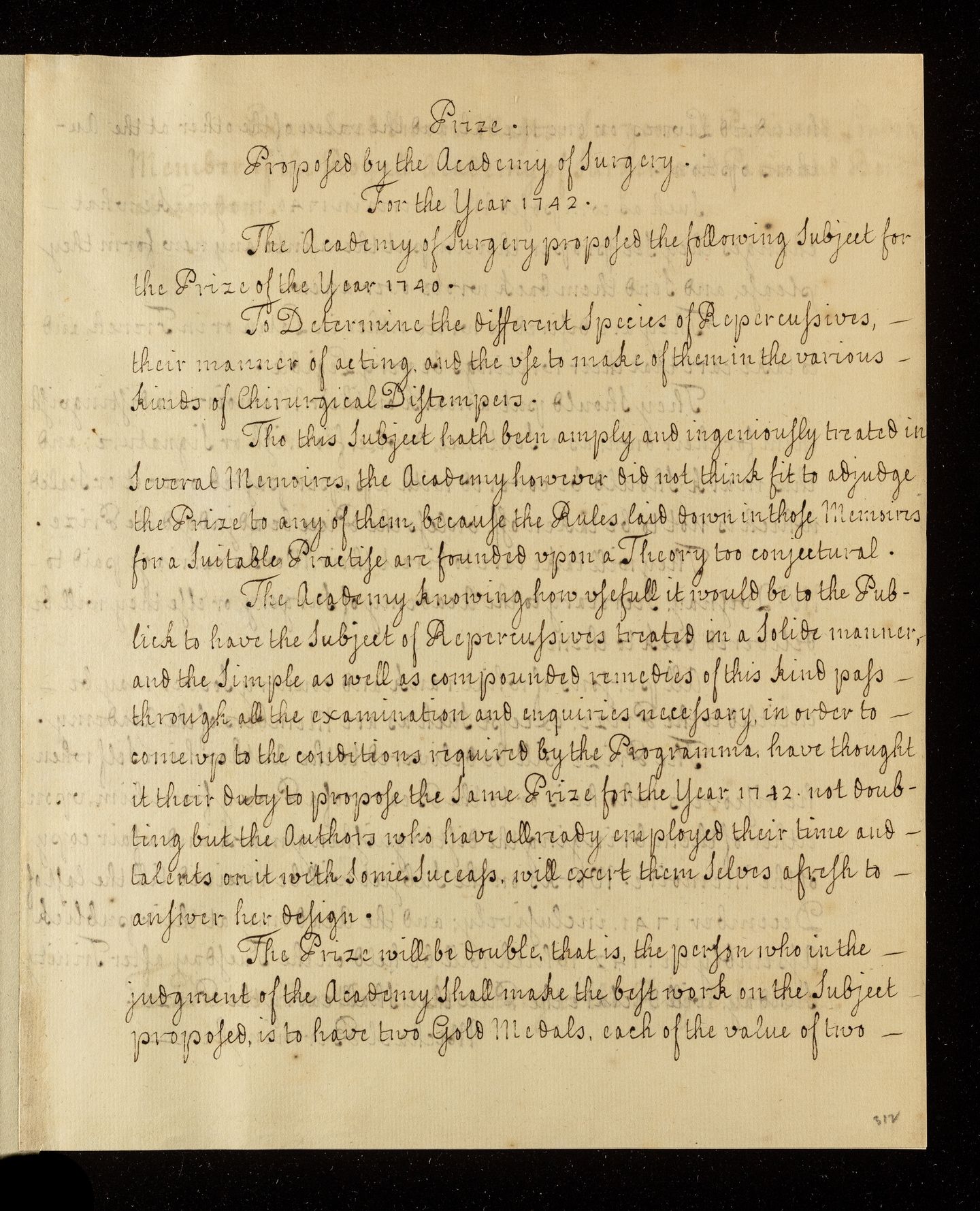 Proposal, 'Prize. Proposed by the Academy of Surgery for the year 1742 ...