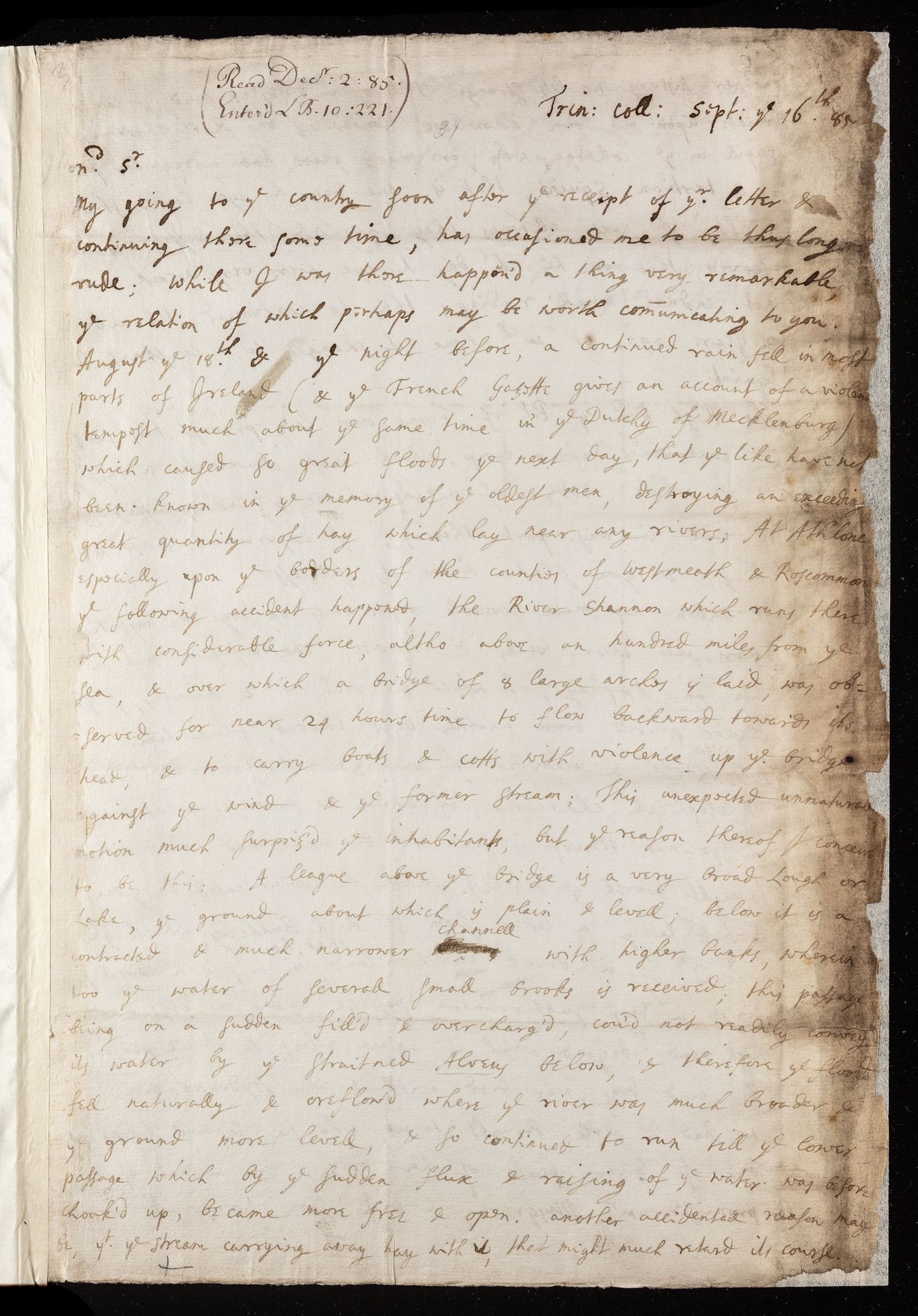 Letter, from St George Ashe to Francis Aston, dated at Trinity College ...