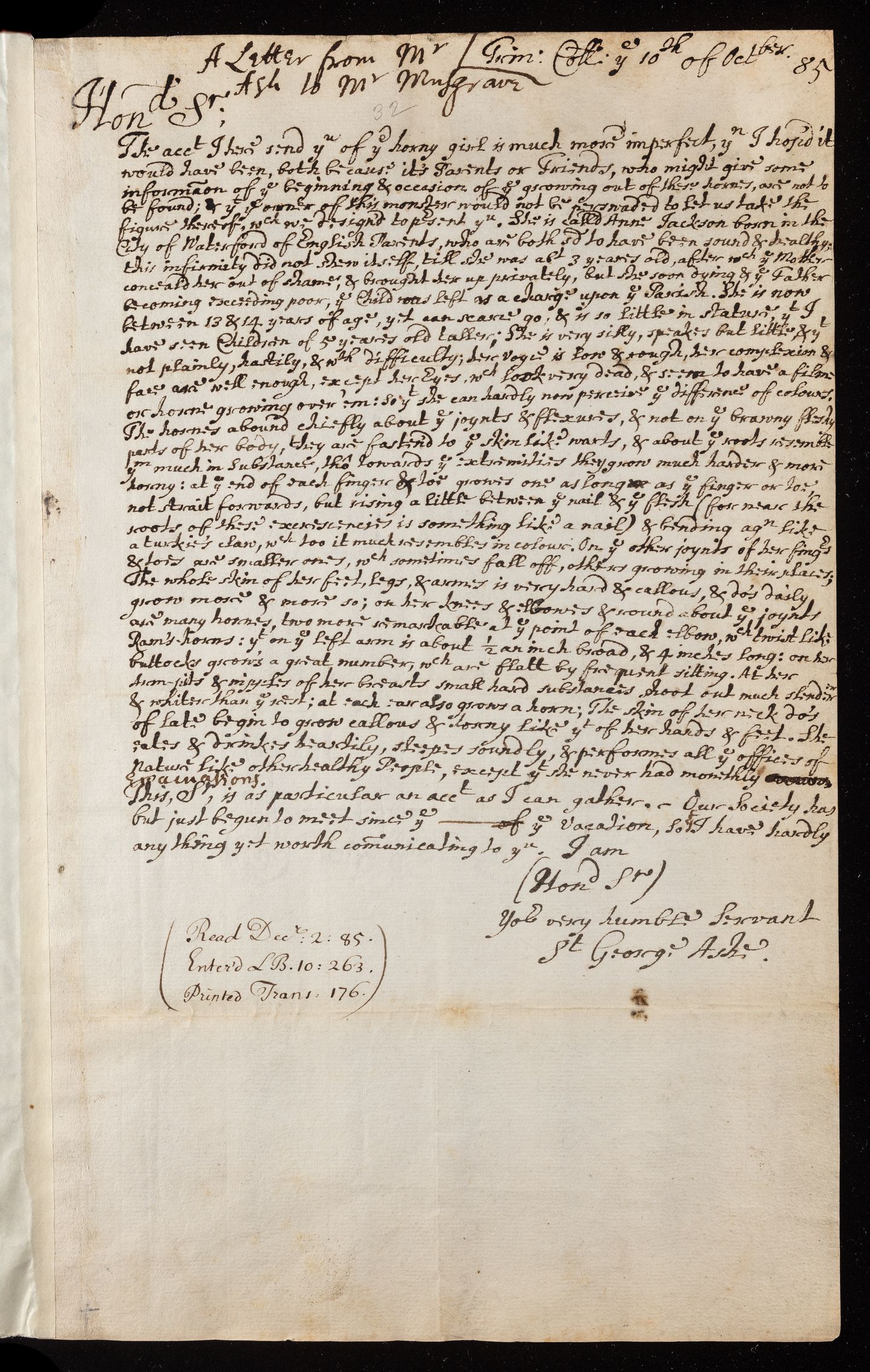 Letter, from St George Ashe to William Musgrave, dated at Trinity ...