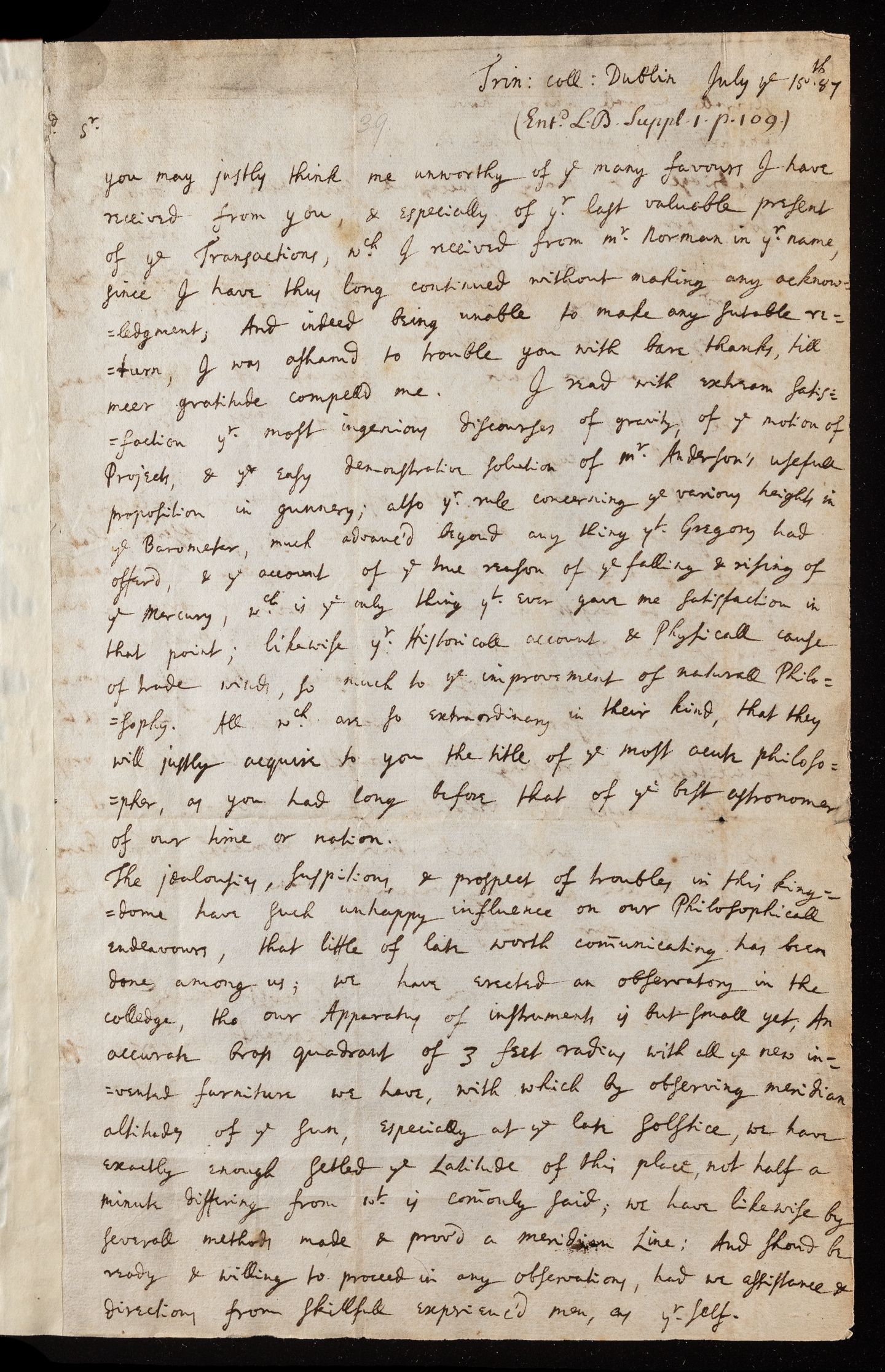 Letter, from St George Ashe to Edmond Halley, dated at Trinity College ...