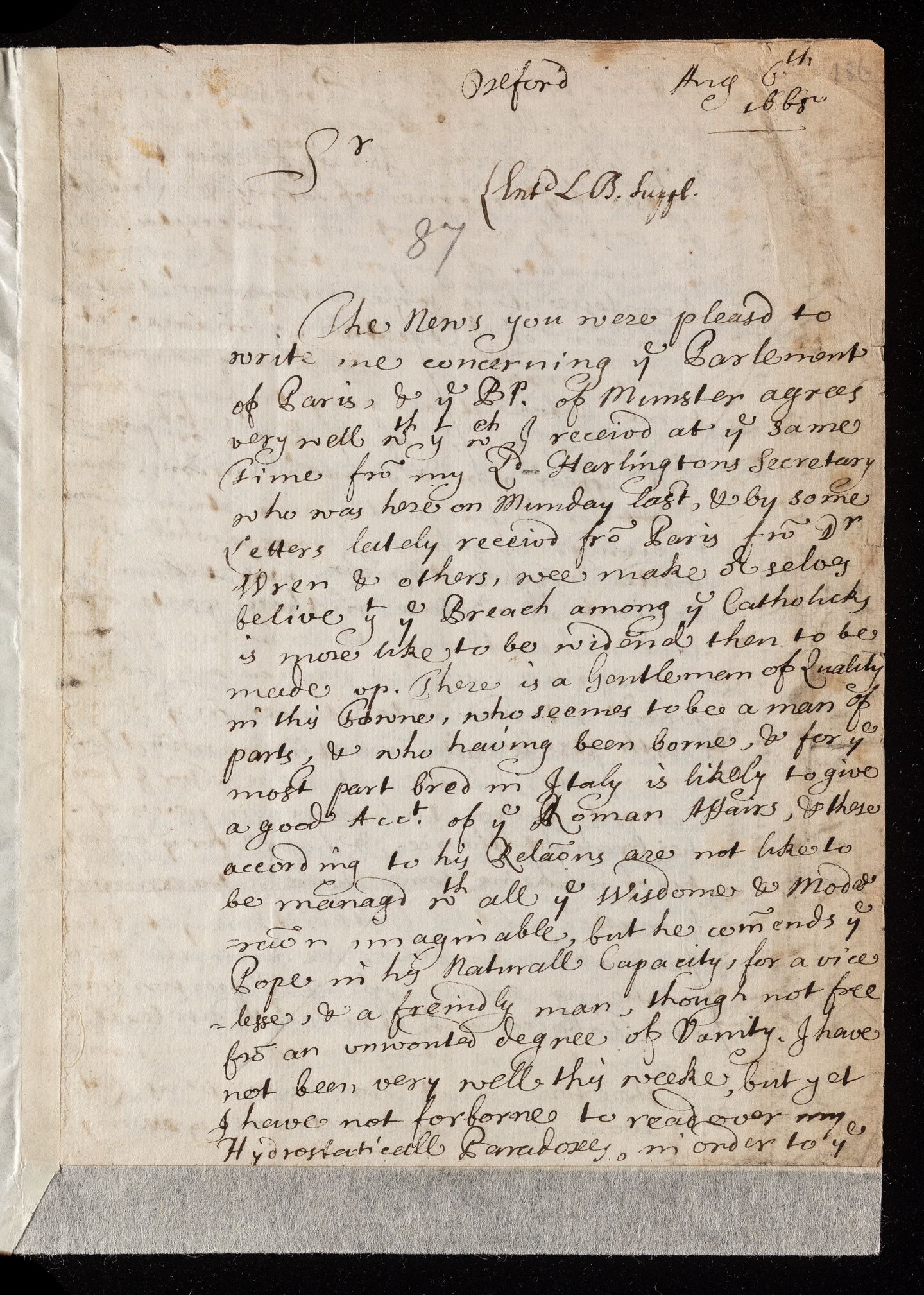 Letter, from Robert Boyle to Henry Oldenburg | The Royal Society ...