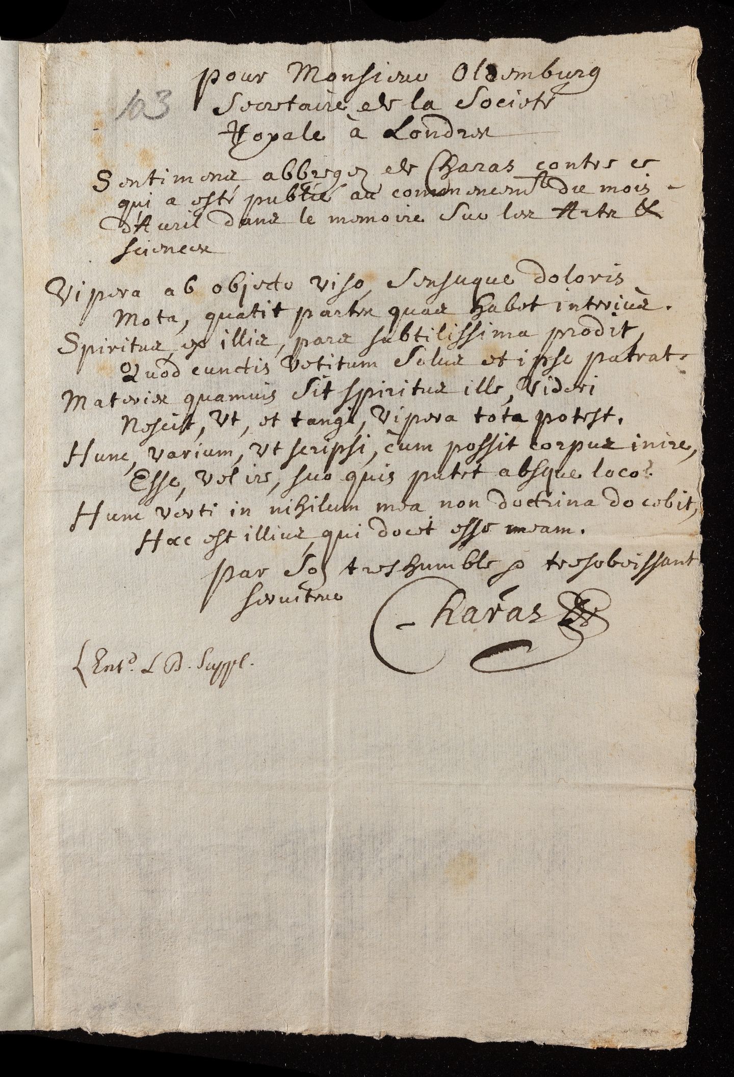 Note from Moise Charas to Henry Oldenburg | The Royal Society: Science ...