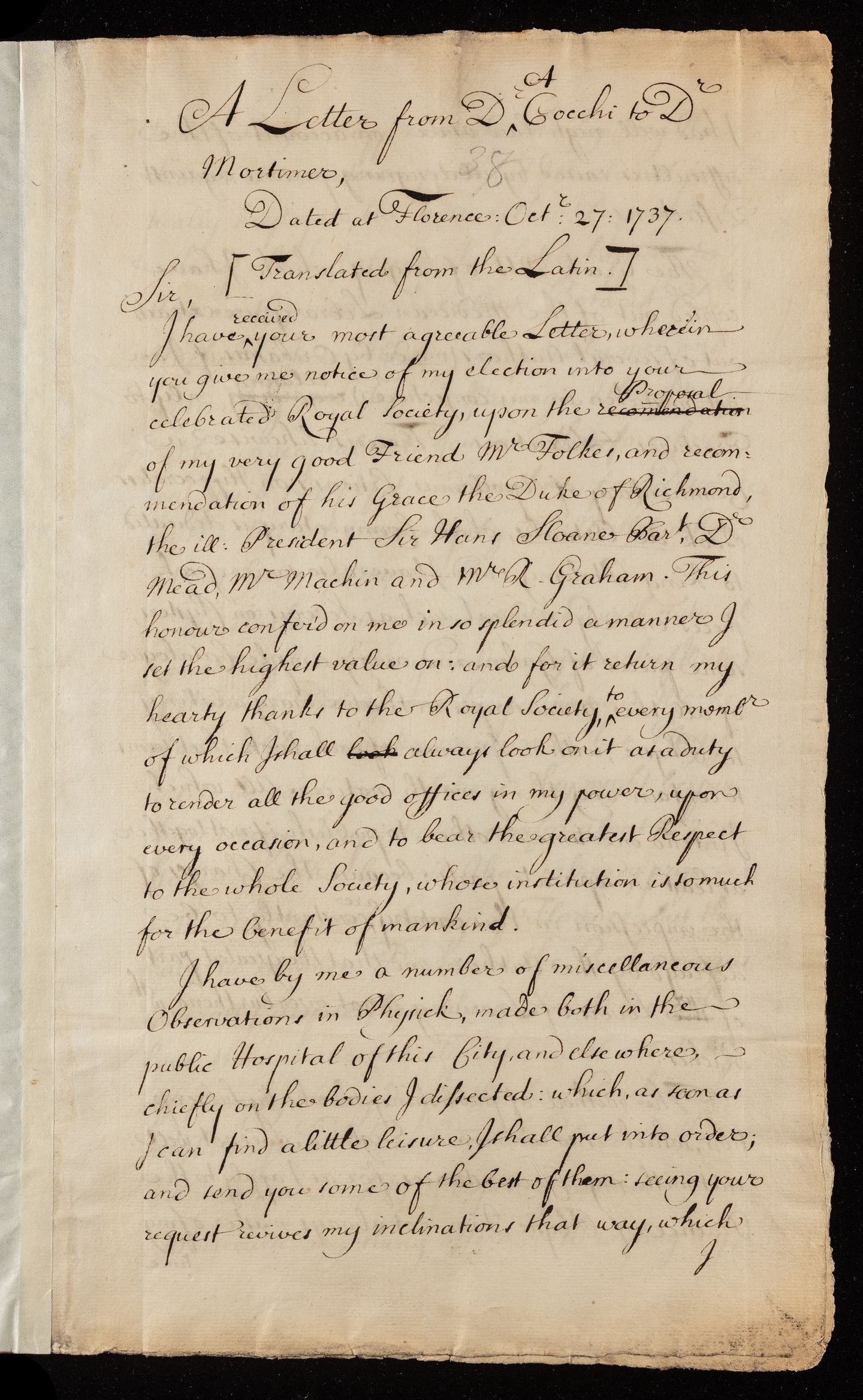 Translation of a letter, from Antonio Cocchi to Cromwell Mortimer ...