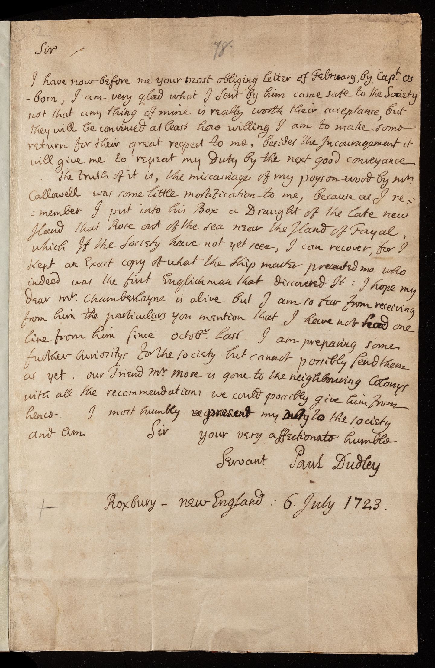 Letter, from Paul Dudley to James Jurin, dated at Roxburg | The Royal ...