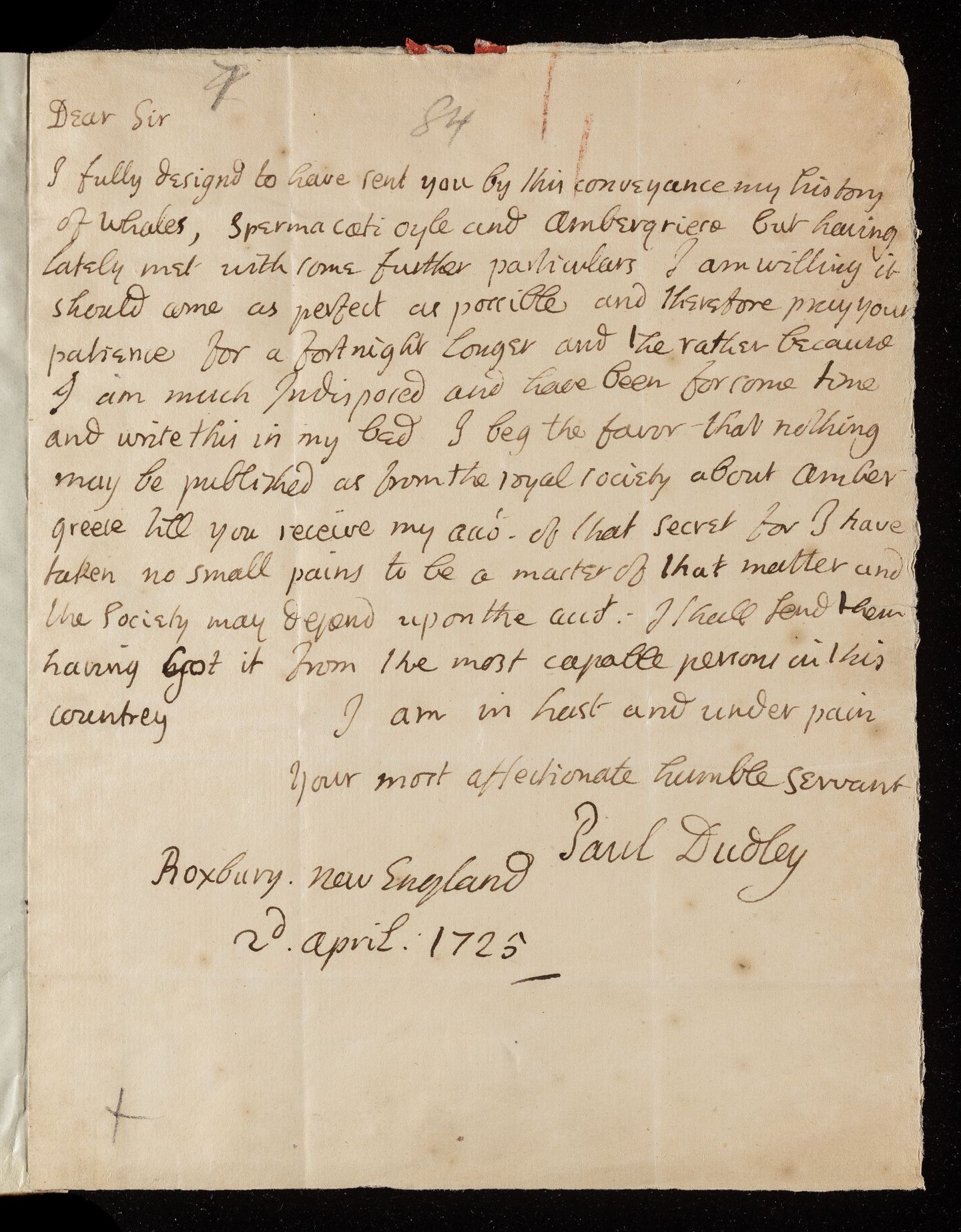 Letter, from Paul Dudley to James Jurin, dated at Roxburg | The Royal ...