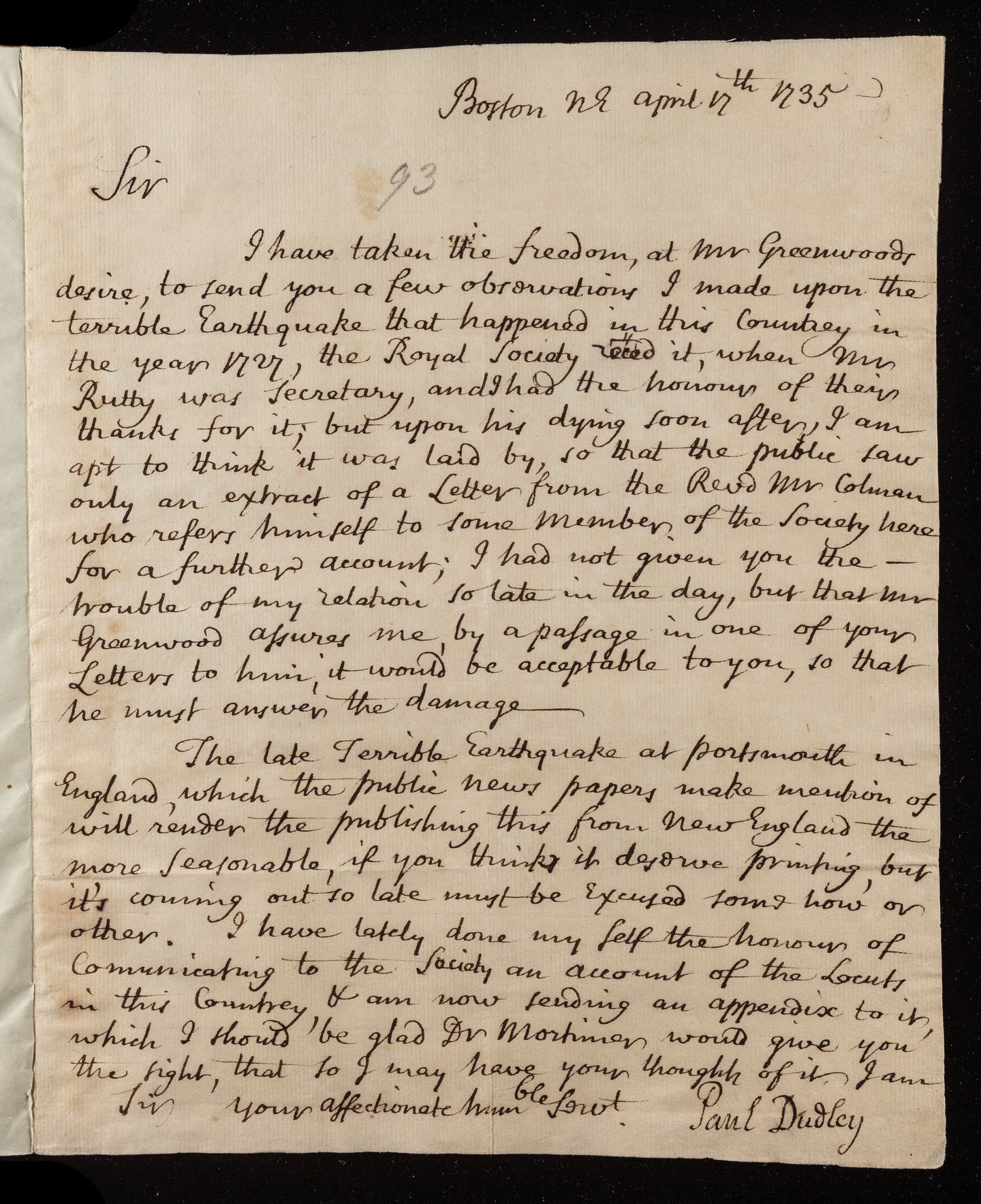 Letter, from Paul Dudley to Reverend [William] Derham, dated at Boston ...