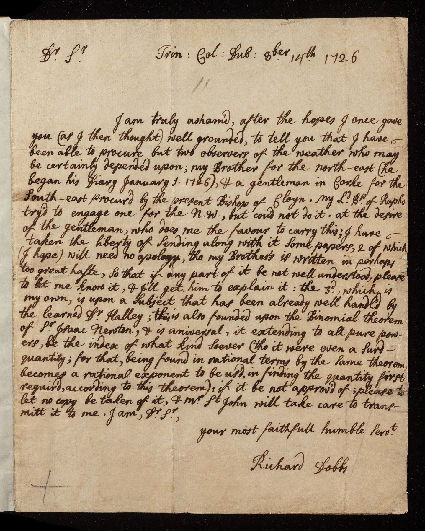 Letter, from Richard Dobbs to James Jurin, dated at Trinity College ...