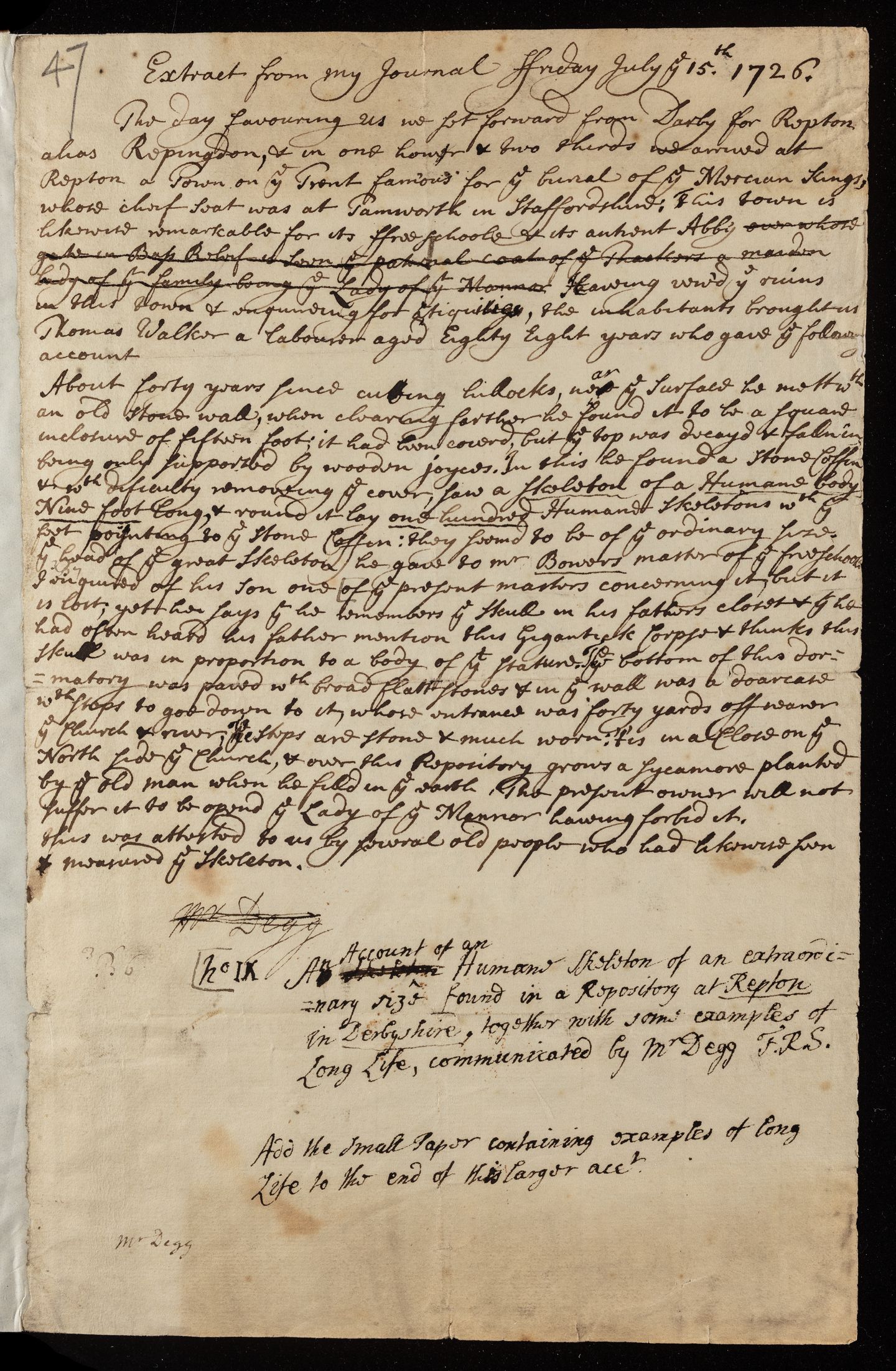 Extracted journal entry of Mr Degg [Simon Degge] | The Royal Society ...