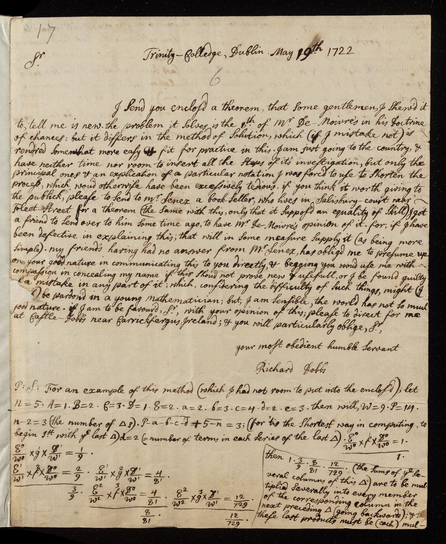 Letter, from Richard Dobbs to James Jurin, dated at Trinity College ...