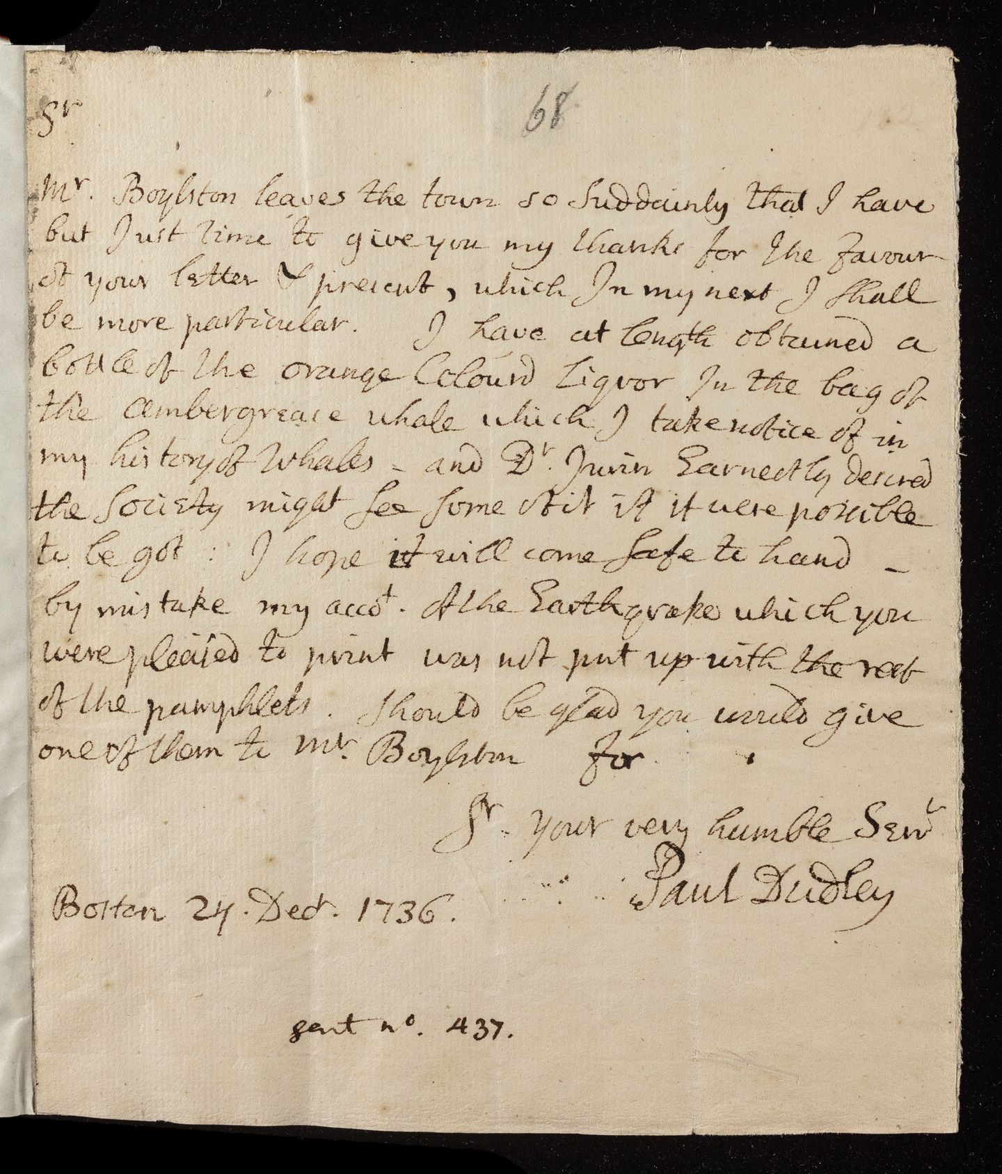 Letter, from Paul Dudley to Cromwell Mortimer, dated at Bolton | The ...