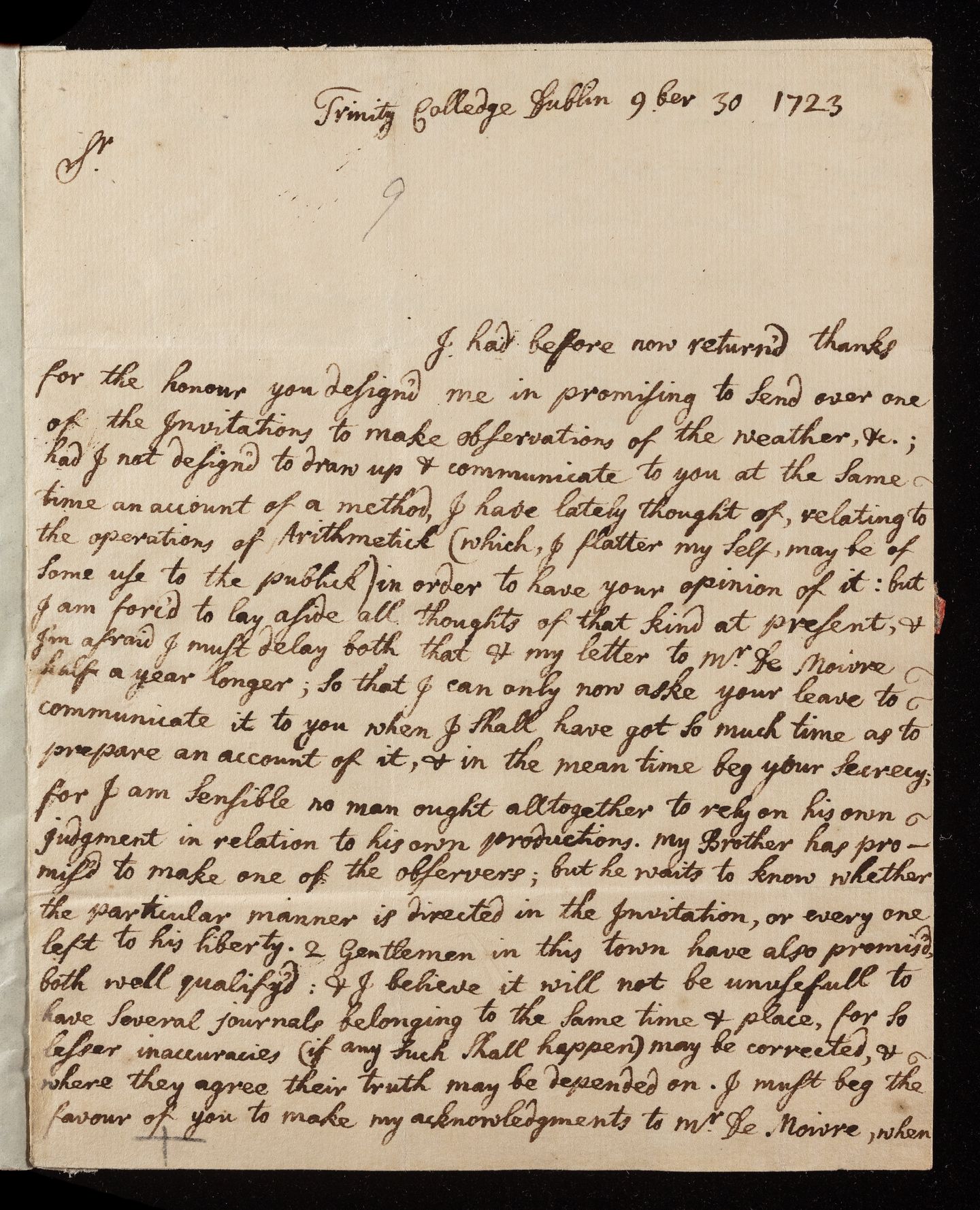Letter, from Richard Dobbs to James Jurin, dated at Trinity College ...