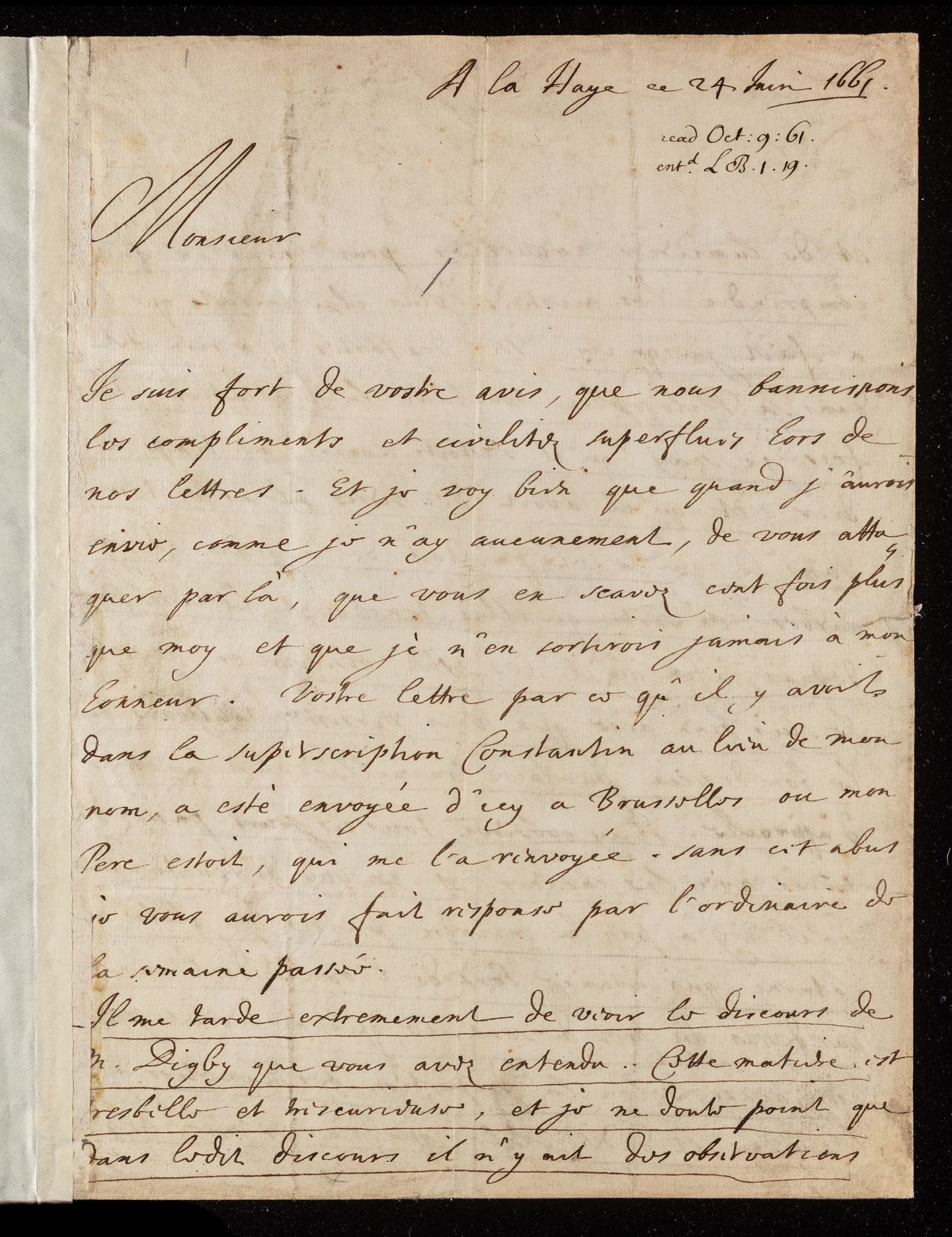 Letter, from Christian Huygens to Robert Moray, dated at the Hague ...